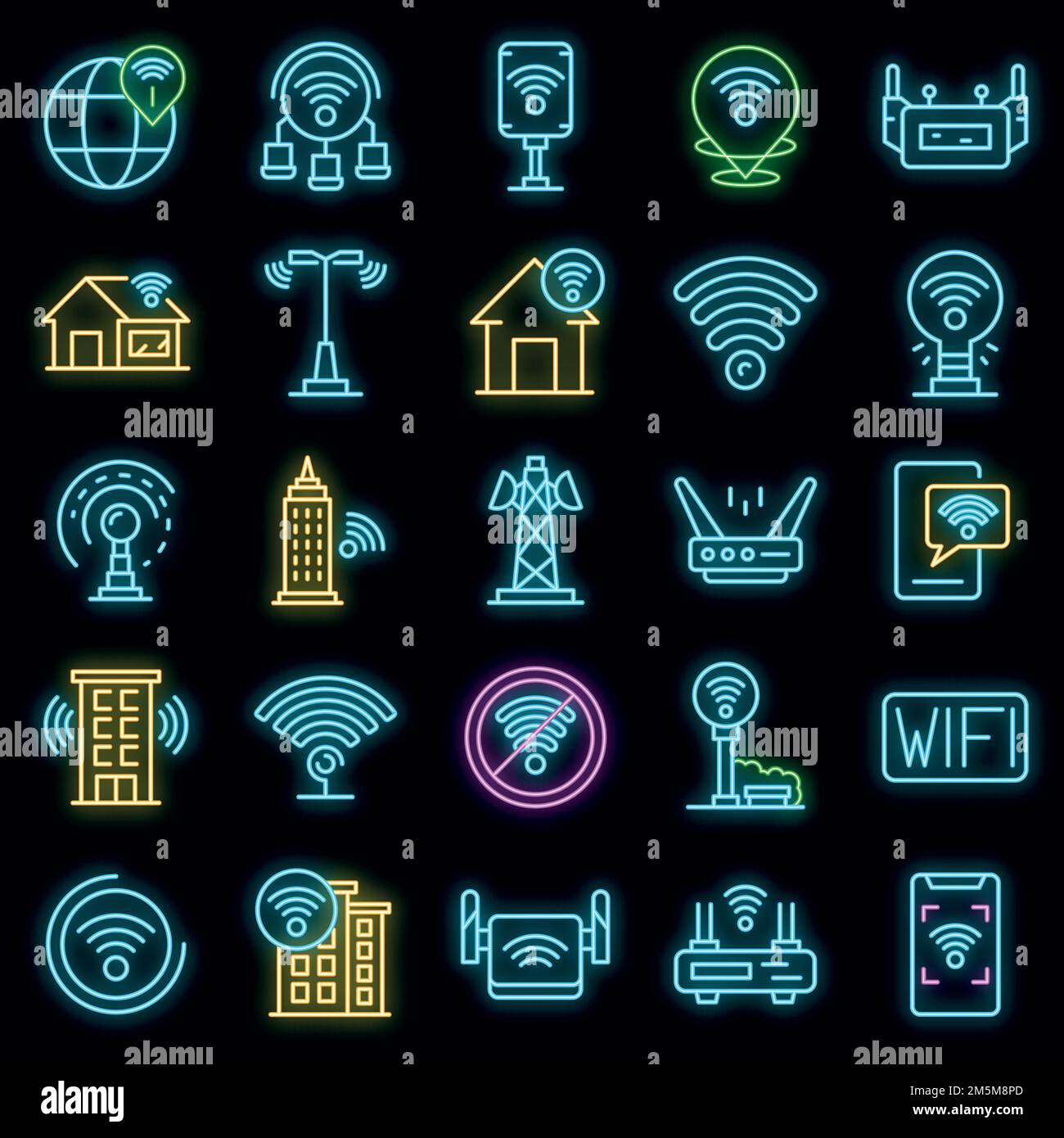 Wifi zone icons set. Outline set of wifi zone vector icons neon color ...