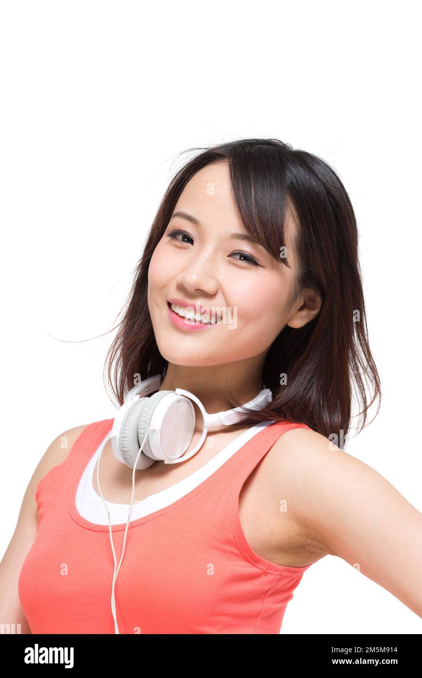 Young people wearing headphones smile shed film fashionable vigor Stock ...