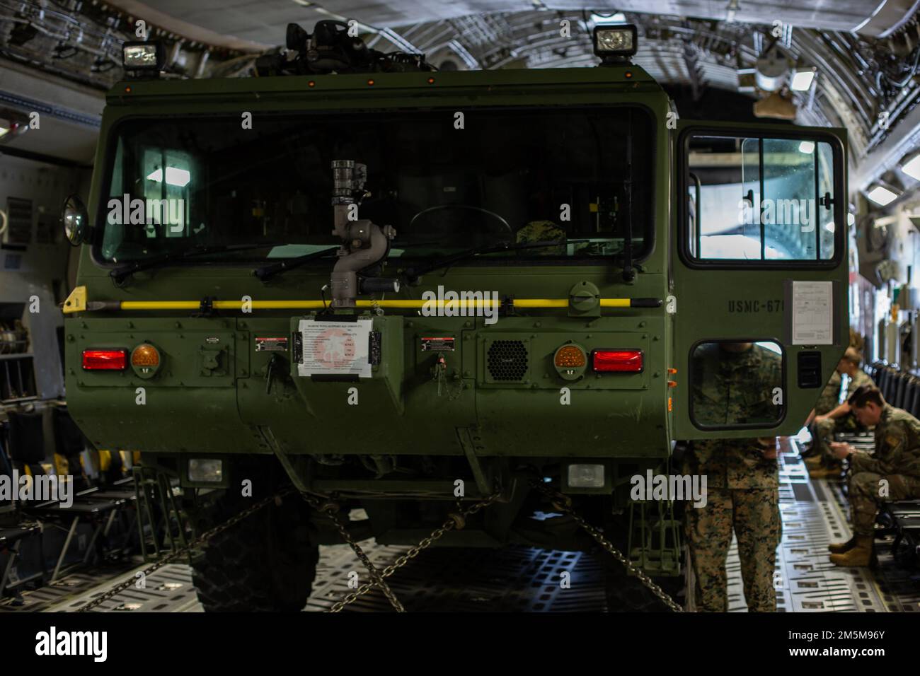 A P-19R aircraft rescue and firefighting vehicle is staged in a C-17 ...