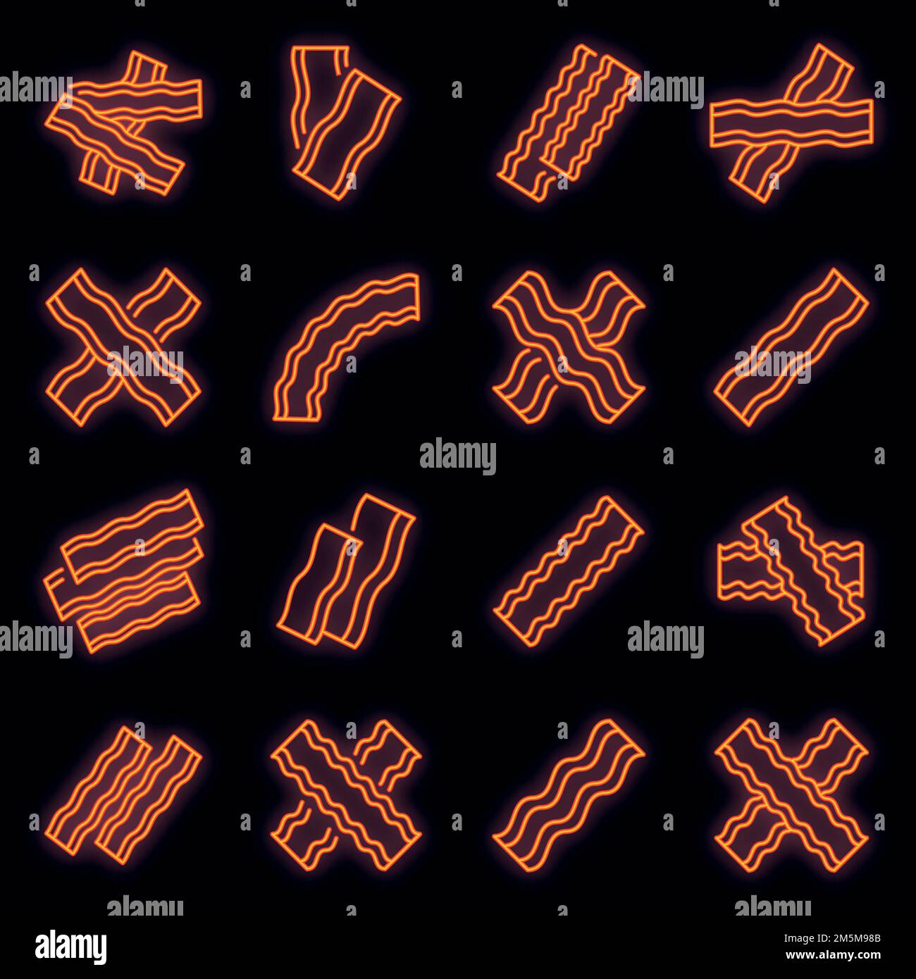 Bacon icons set. Outline set of bacon vector icons neon color on black ...