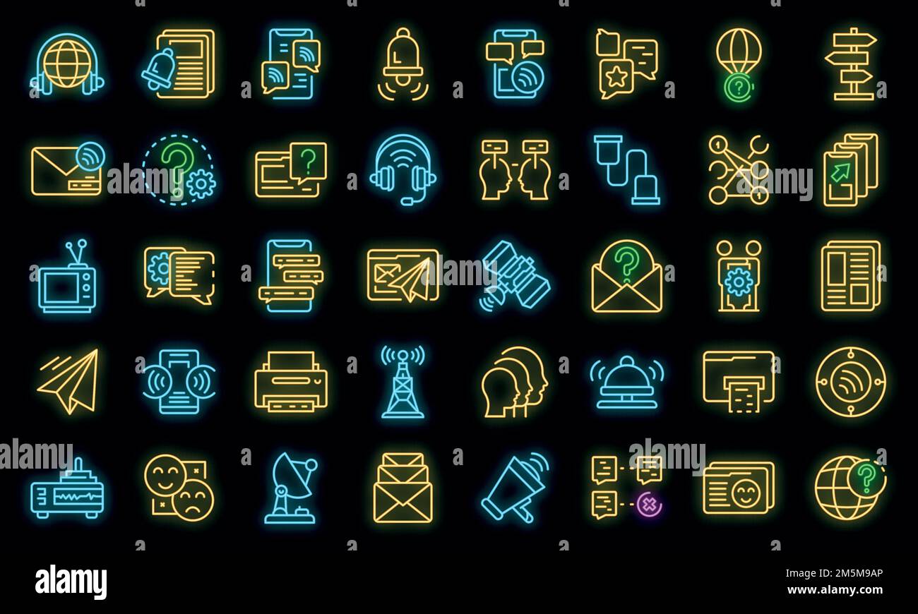 Communication icons set. Outline set of communication vector icons neon ...