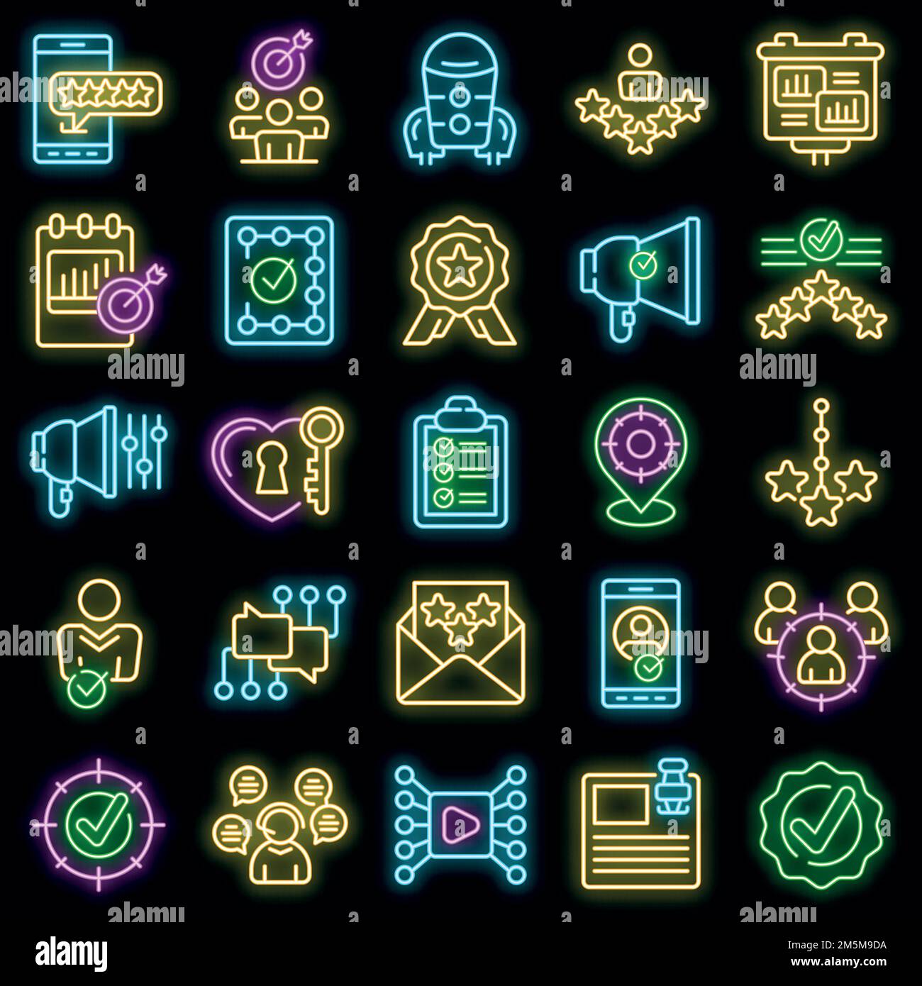 Credibility icons set. Outline set of credibility vector icons neon ...