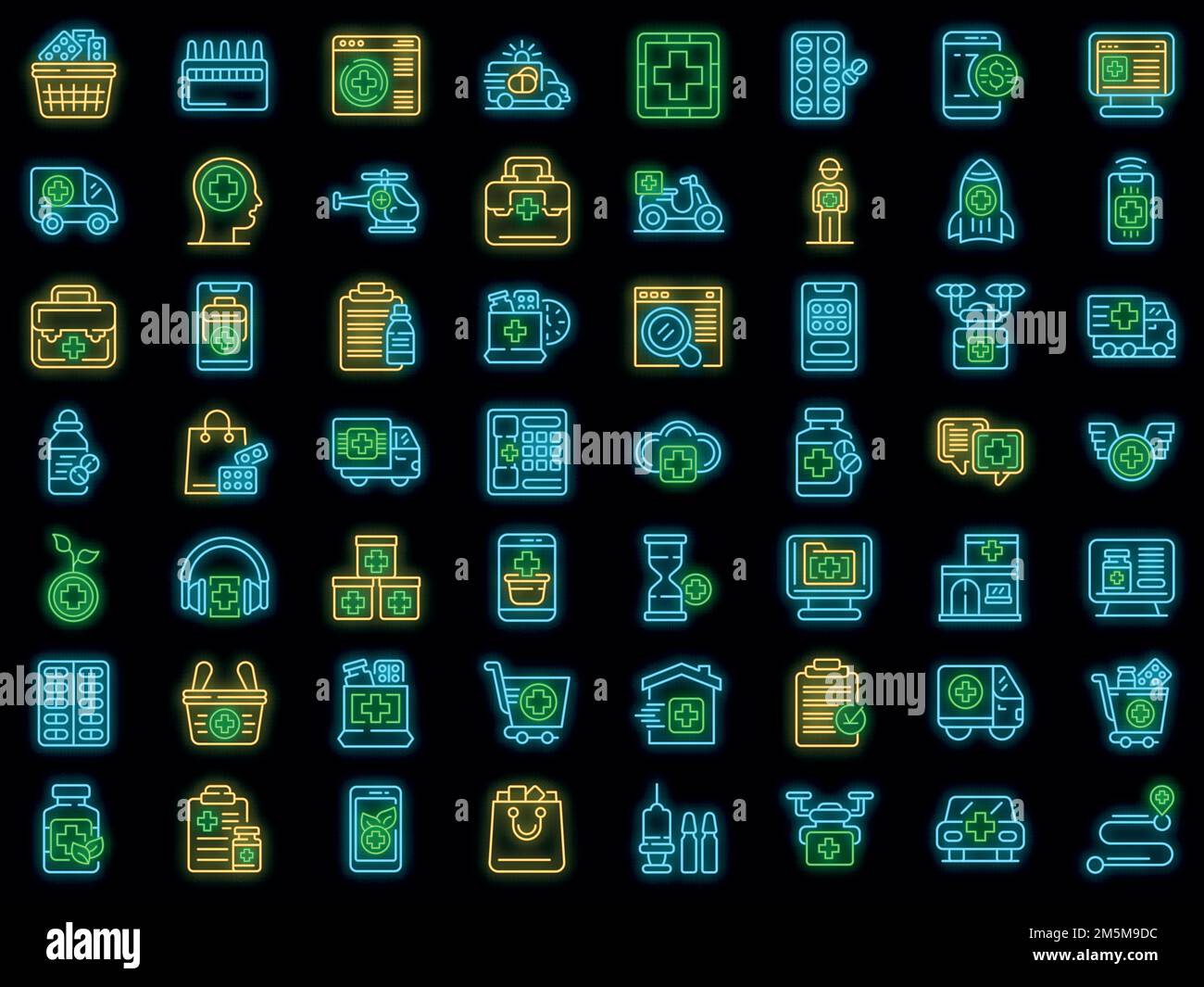 Drug delivery icons set. Outline set of drug delivery vector icons neon ...