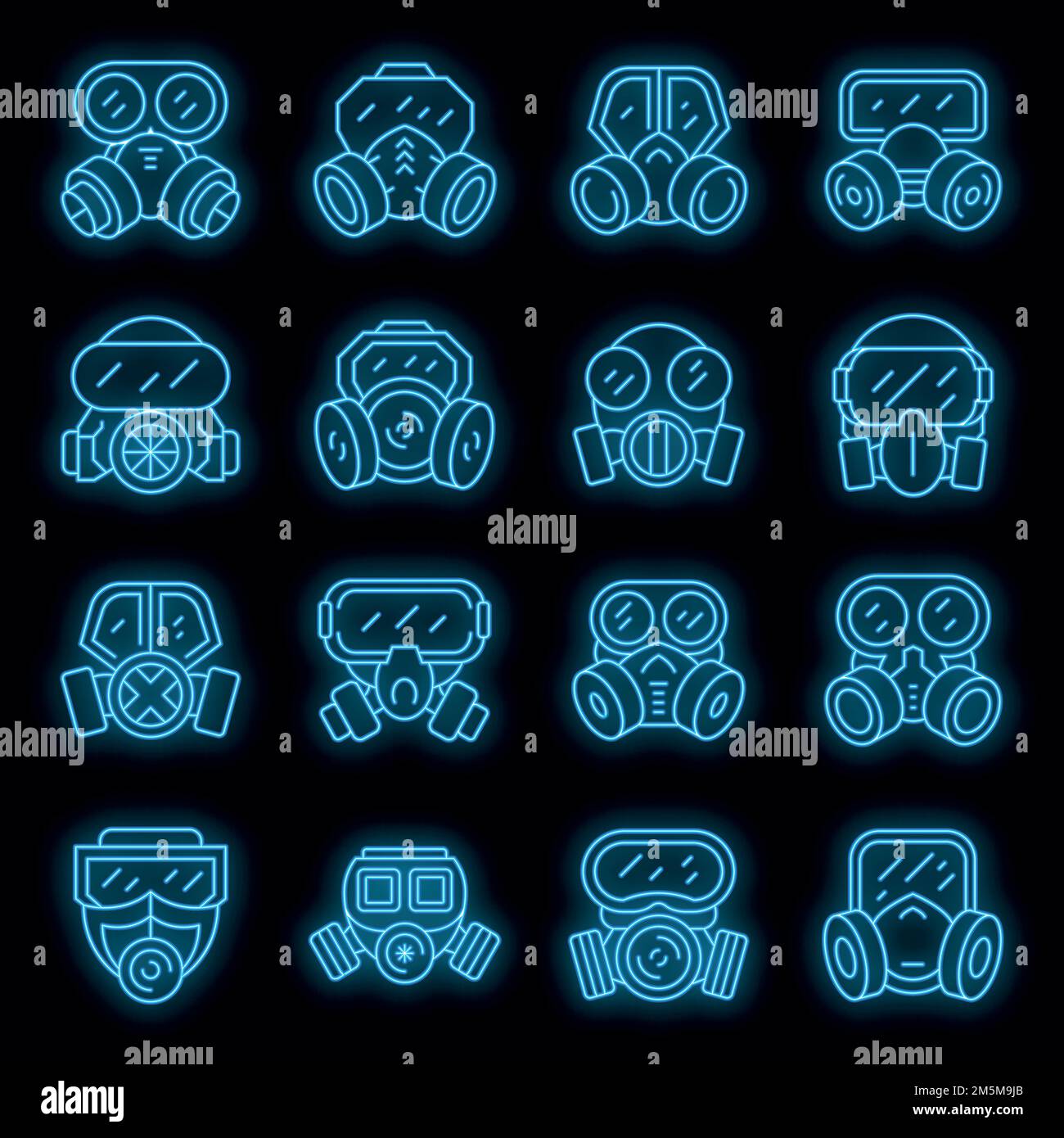 Gas mask icons set. Outline set of gas mask vector icons neon color on ...