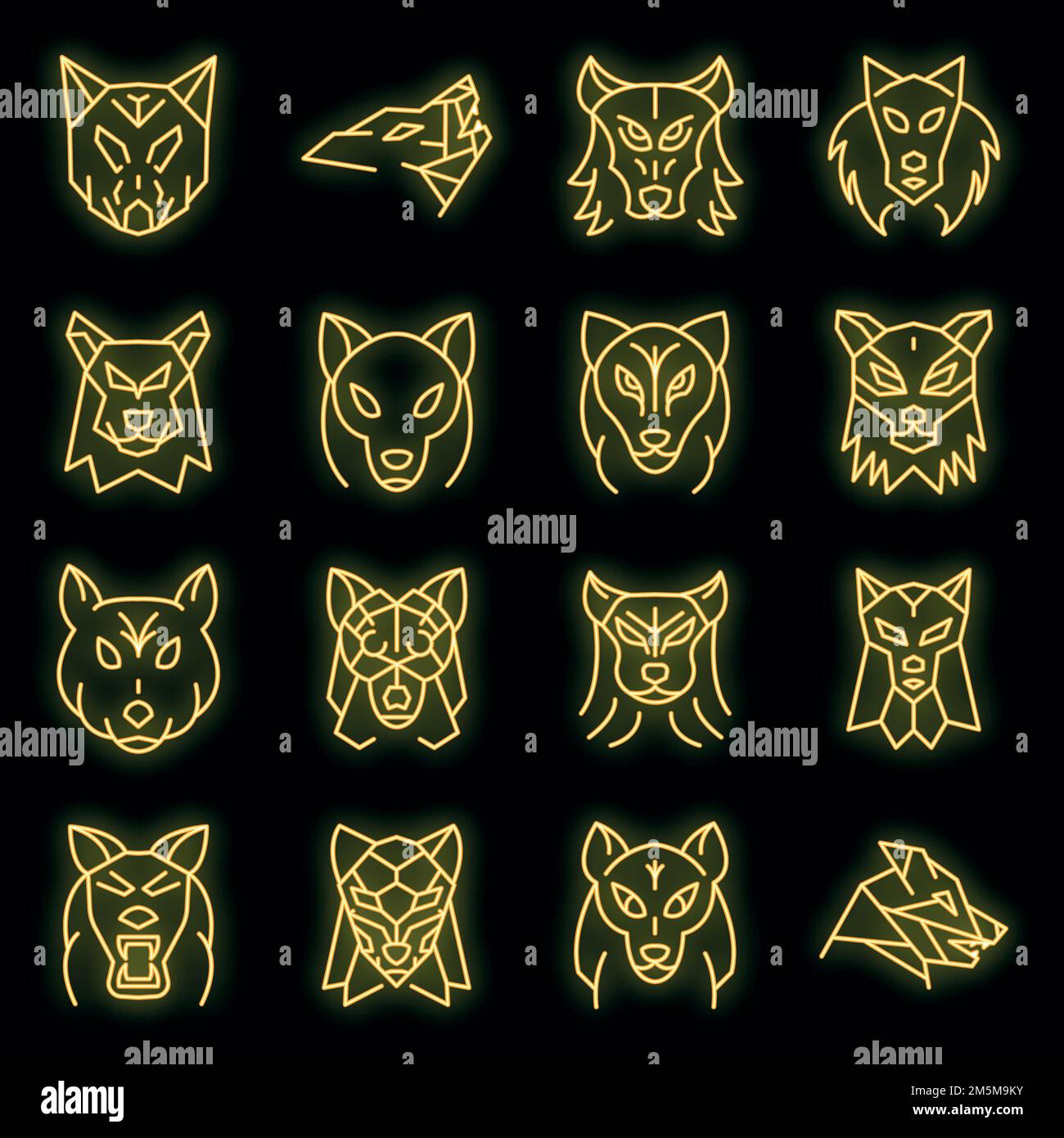 Wolf icons set. Outline set of wolf vector icons neon color on black ...