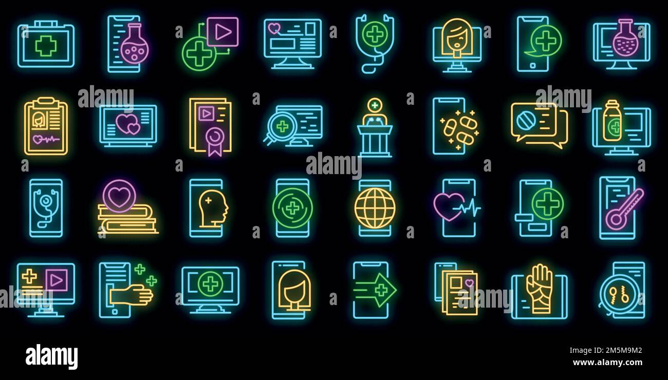 Telemedicine icons set. Outline set of telemedicine vector icons neon ...