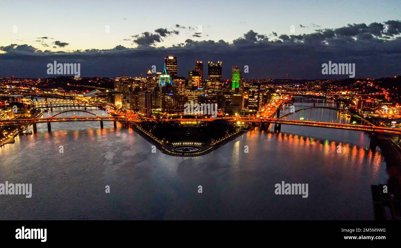 A view of the city of Pittsburgh at the confluence before sunrise March ...