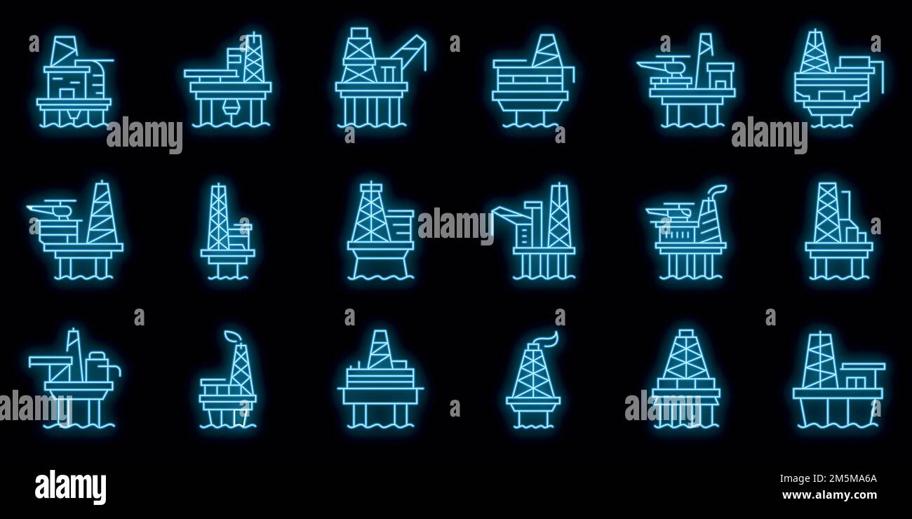 Sea drilling rig icons set. Outline set of sea drilling rig vector icons neon color on black ...