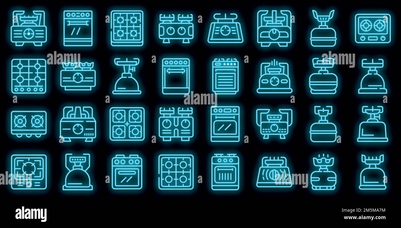 Burning gas stove icons set. Outline set of burning gas stove vector ...