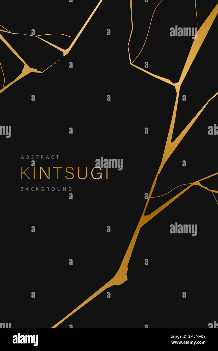 Poster with gold kintsugi on black background. Crack and broken effects ...