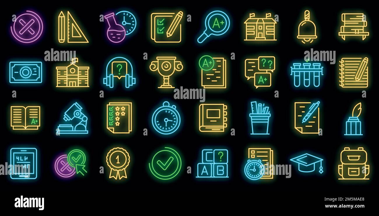 School test icons set. Outline set of school test vector icons neon ...