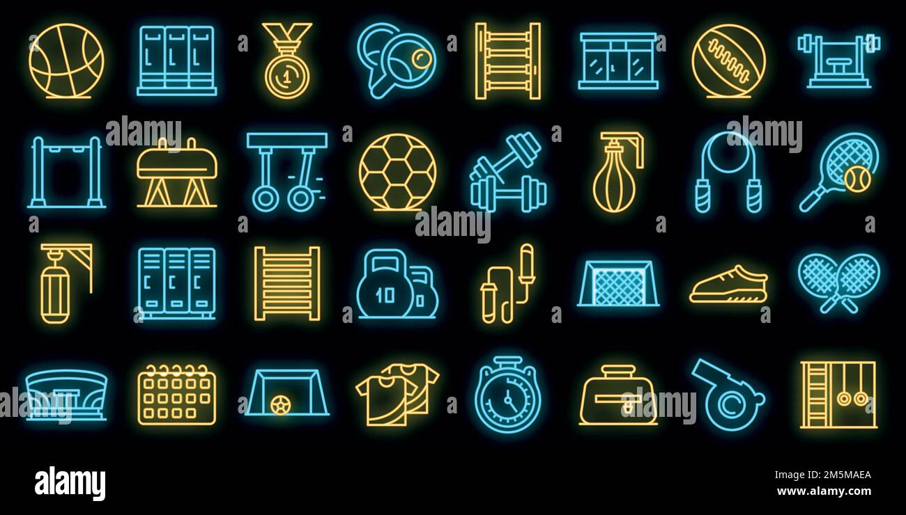 School gym icons set. Outline set of school gym vector icons neon color ...