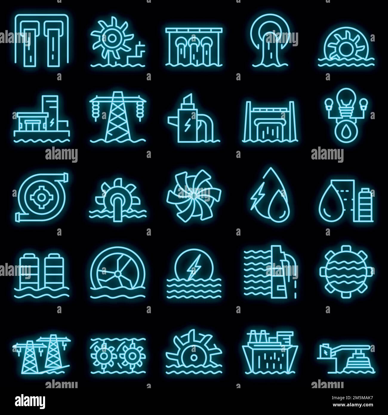 Hydro power icons set. Outline set of hydro power vector icons neon ...