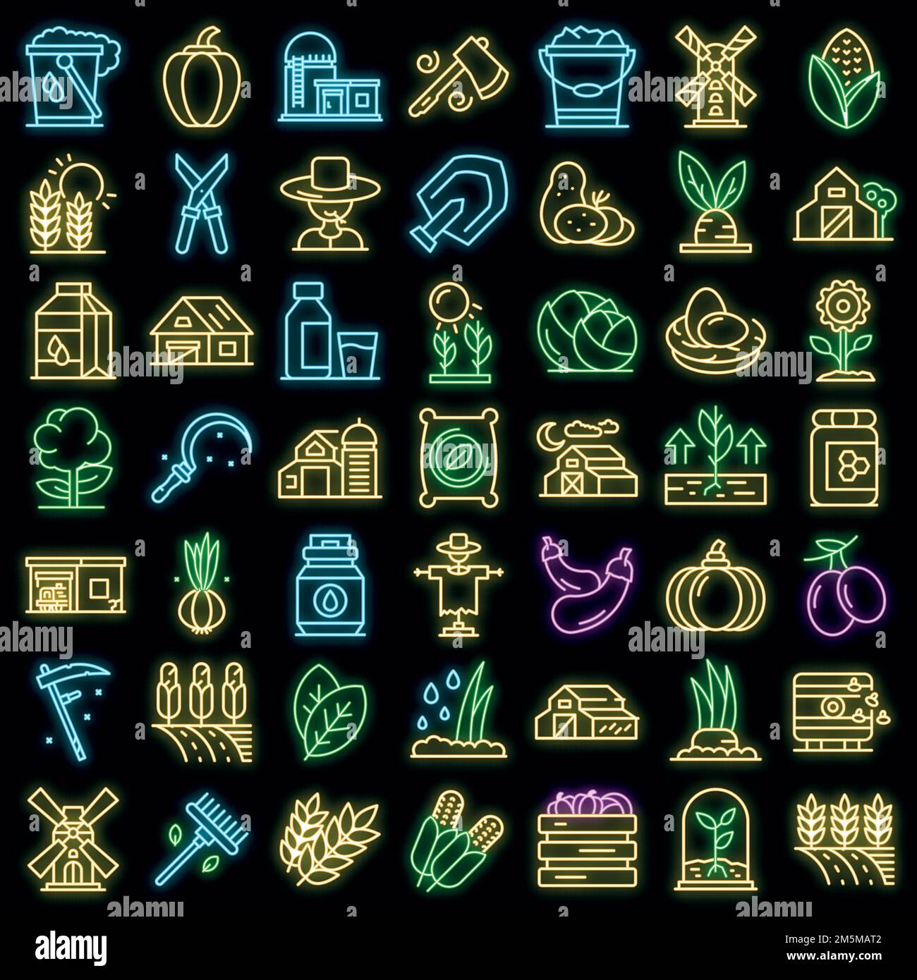 Eco farming icons set. Outline set of eco farming vector icons neon ...
