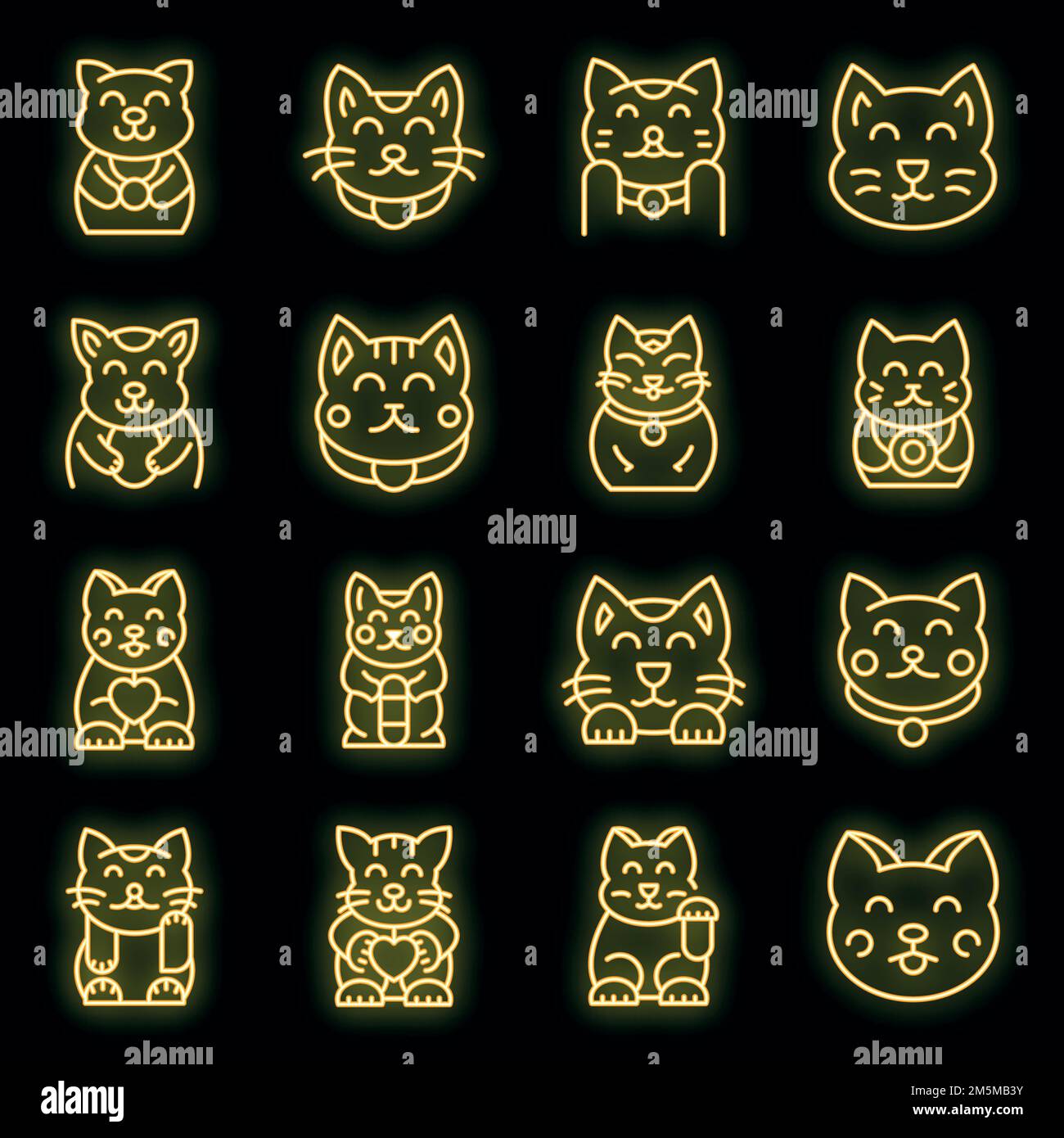 Lucky cat icons set. Outline set of lucky cat vector icons neon color ...
