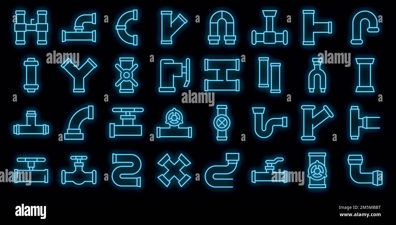 Pipe icons set. Outline set of pipe vector icons neon color on black ...