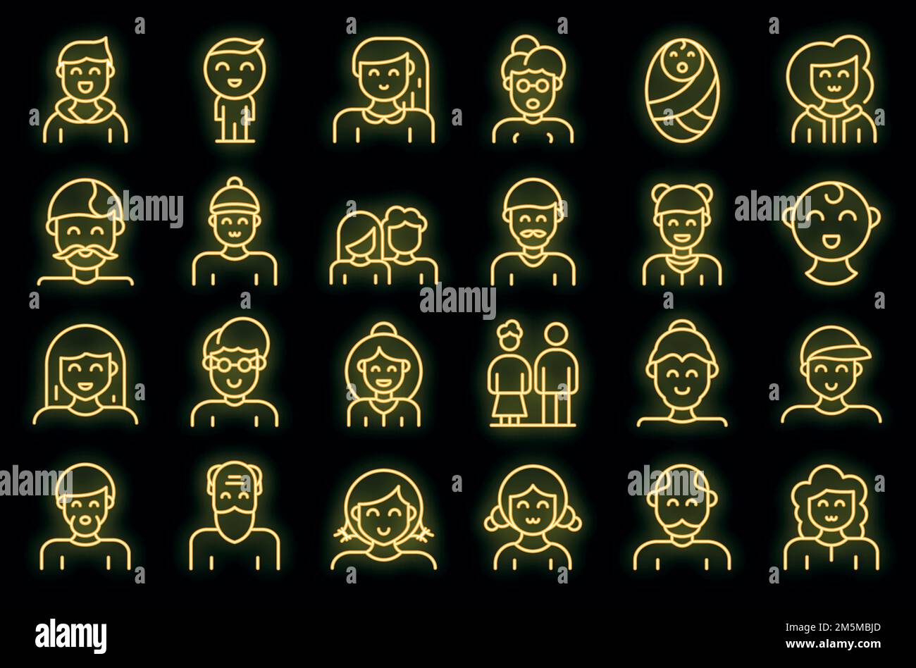 Generation icons set. Outline set of generation vector icons neon color ...