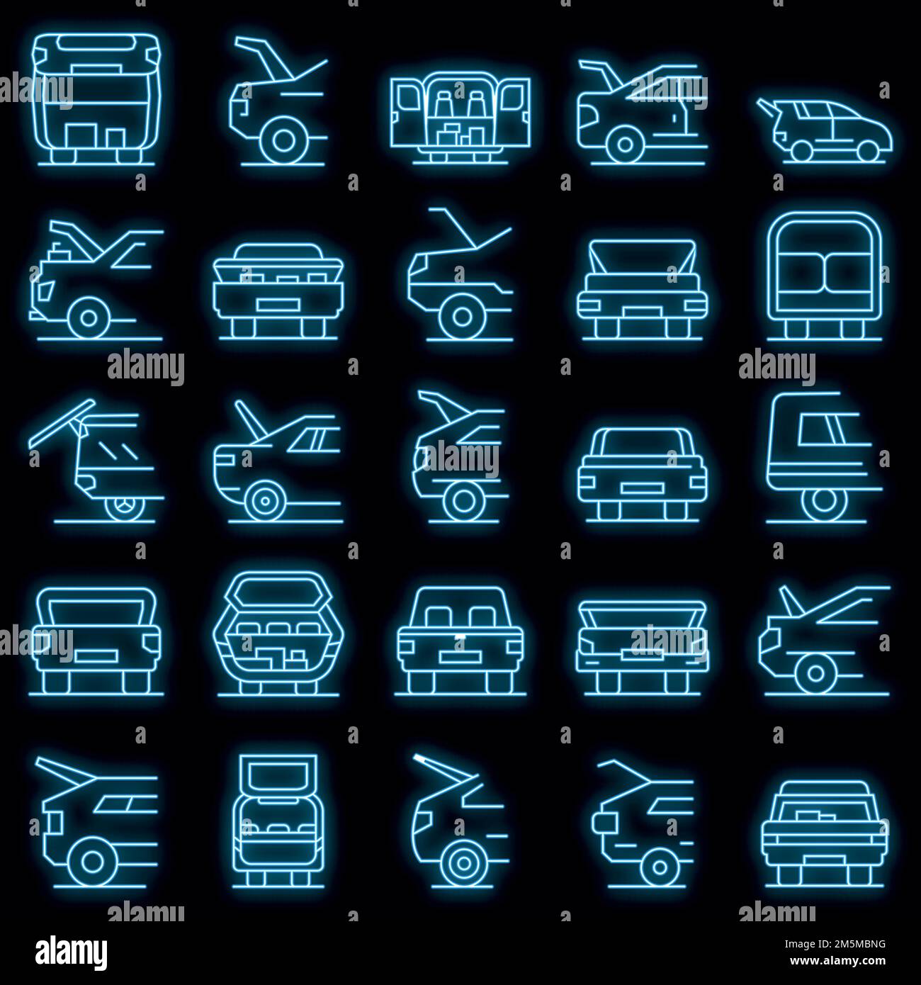 Trunk car icons set. Outline set of trunk car vector icons neon color ...
