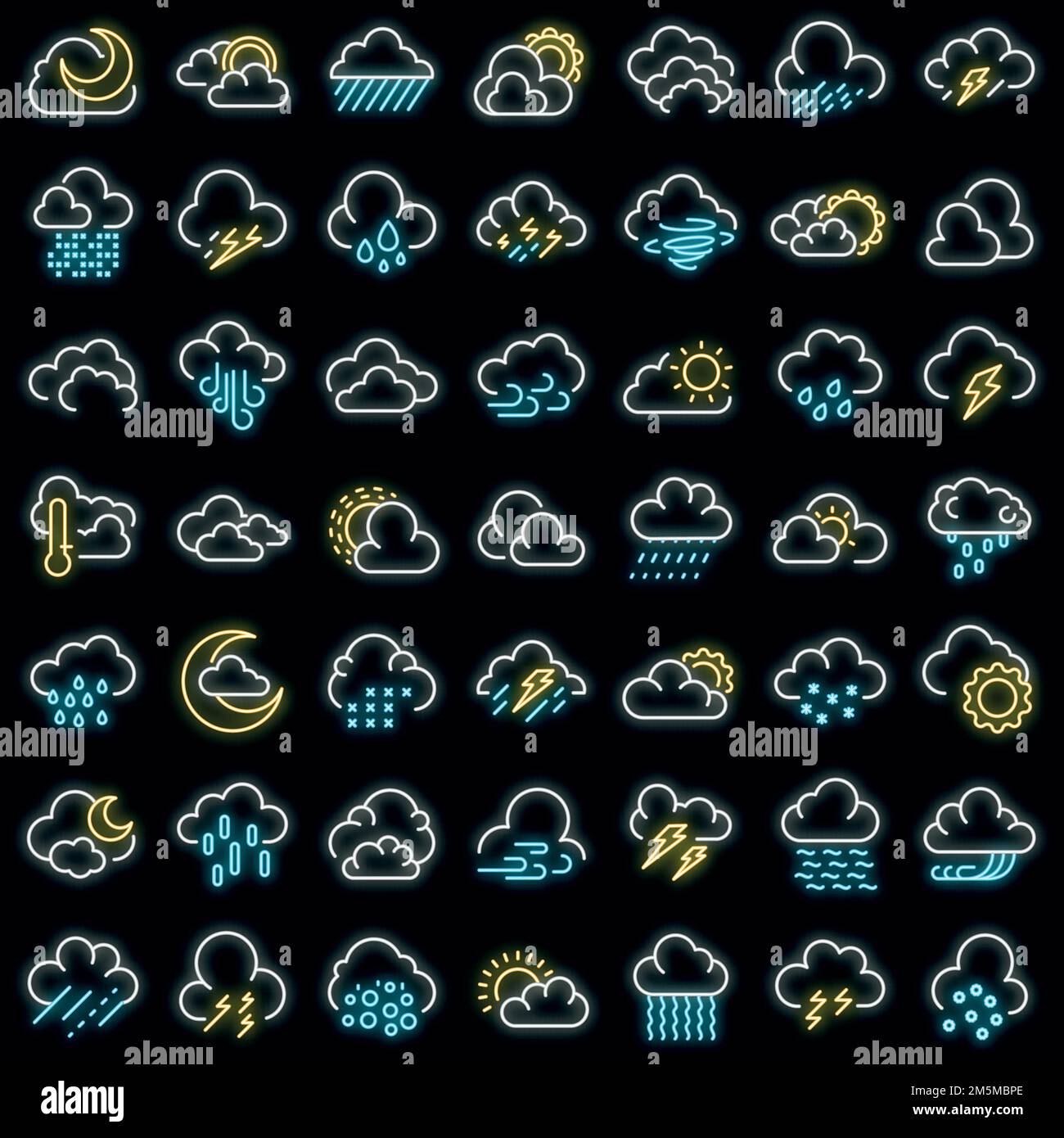 Cloudy weather icons set. Outline set of cloudy weather vector icons neon color on black Stock ...