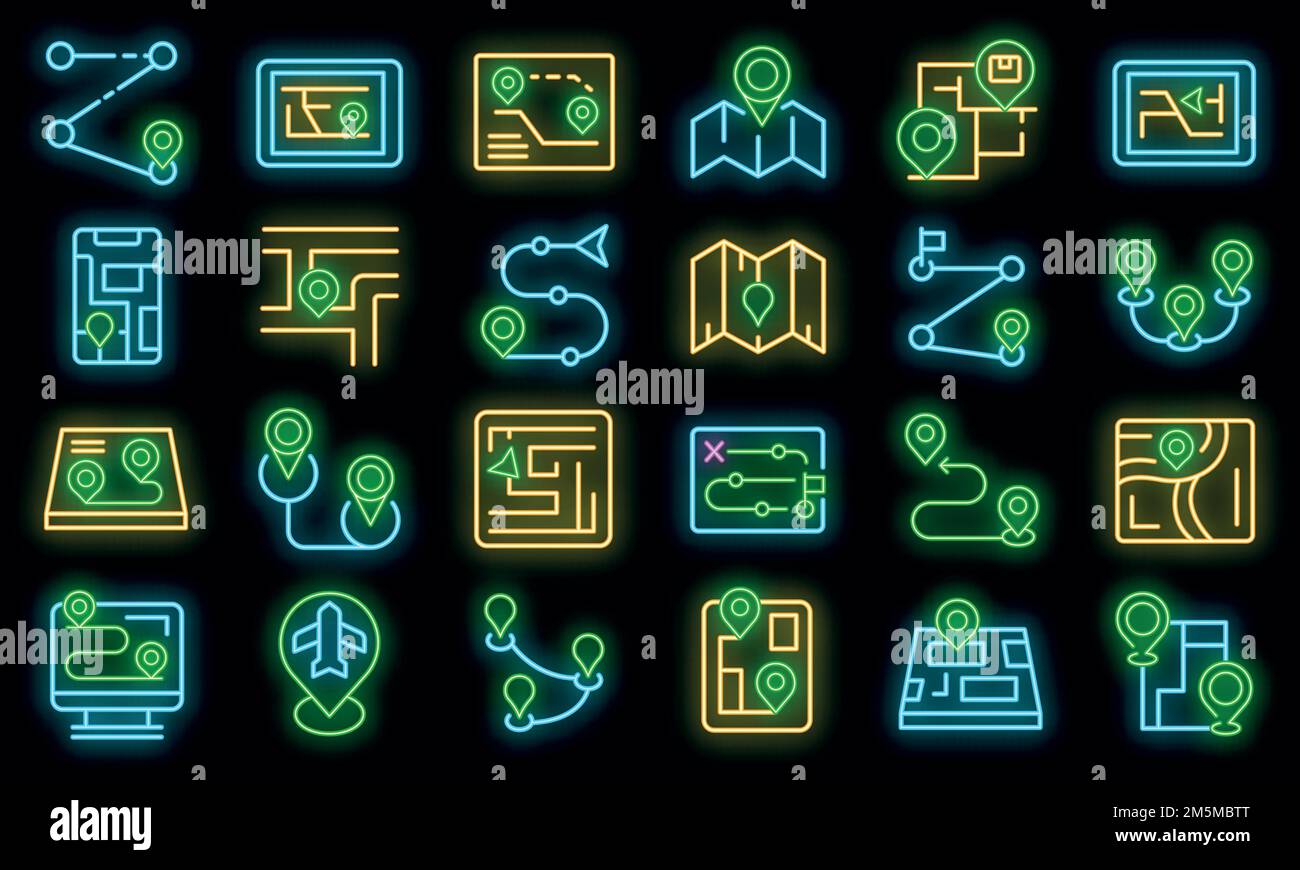 Itinerary icons set. Outline set of itinerary vector icons neon color ...