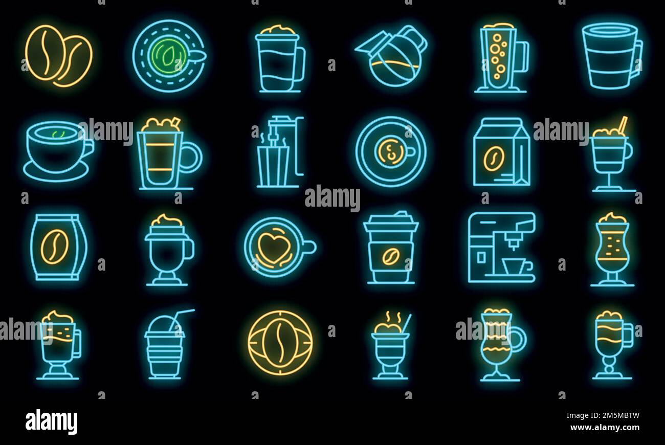 Latte icons set. Outline set of latte vector icons neon color on black ...