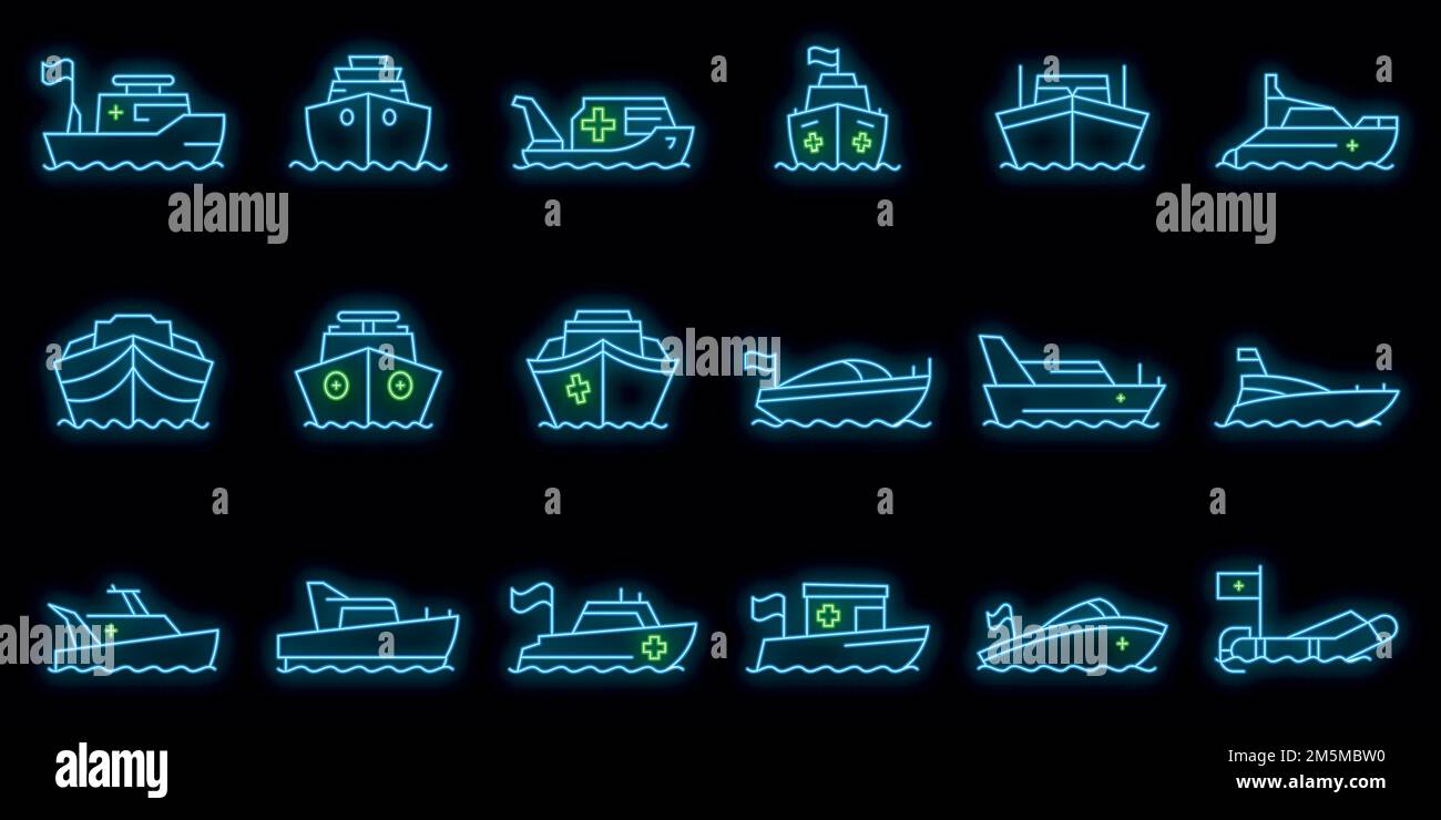 Rescue boat icons set. Outline set of rescue boat vector icons neon ...