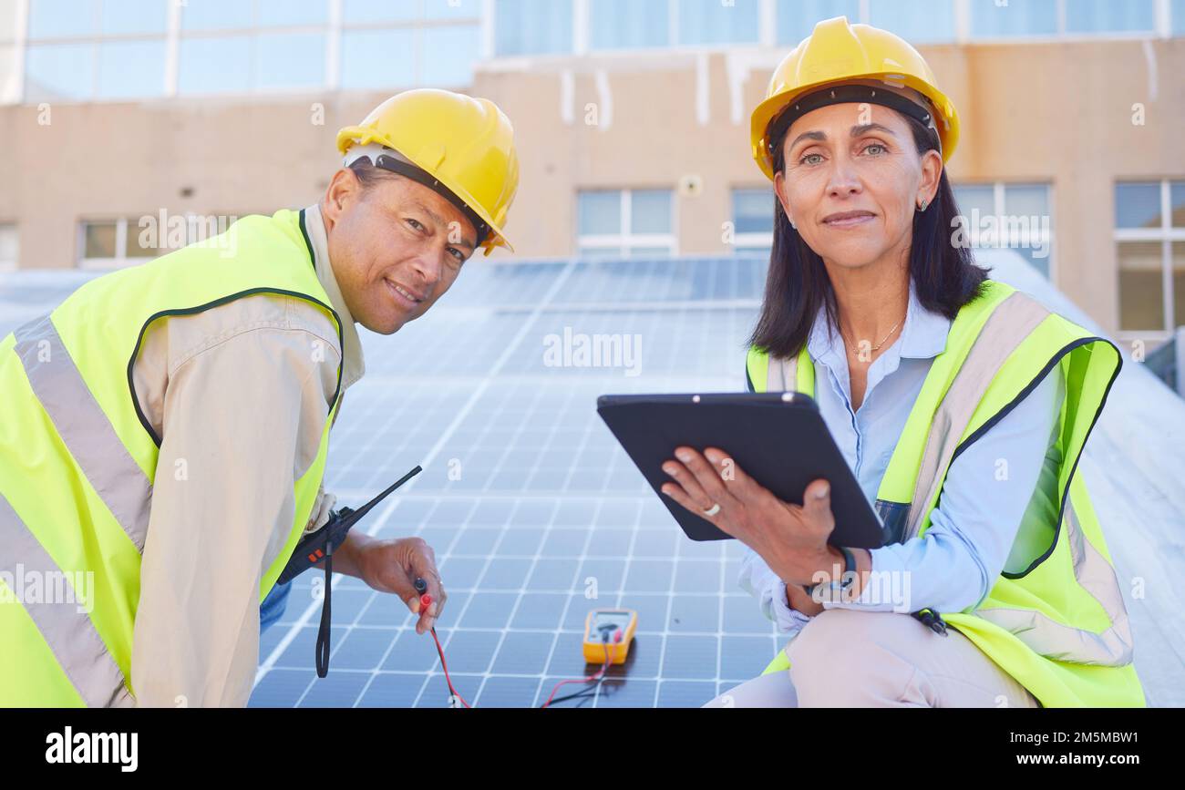 Tablet, solar energy or engineering team working solar panels or ...