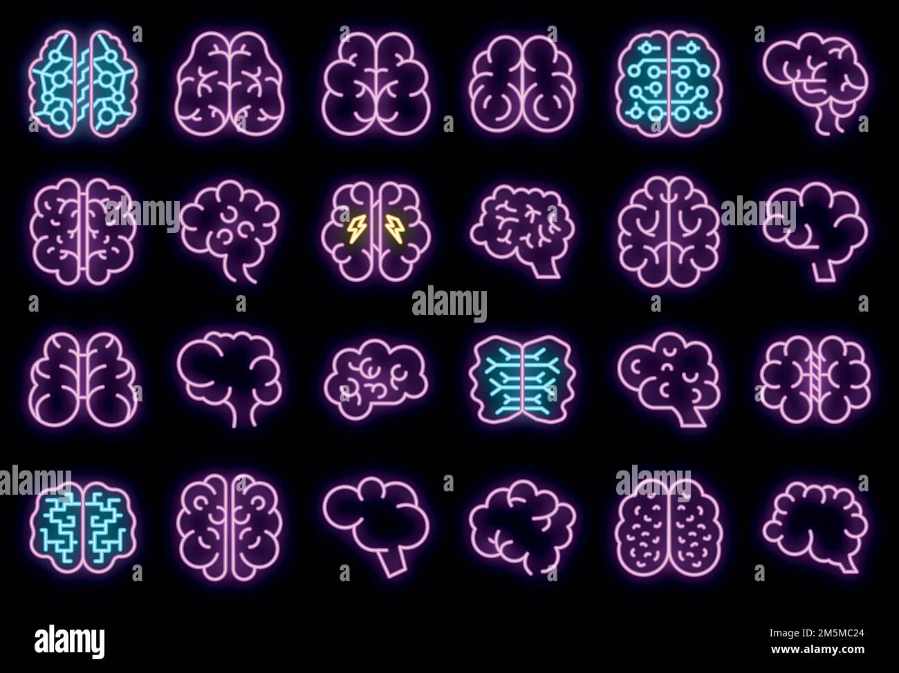 Human brain icons set. Outline set of human brain vector icons neon ...