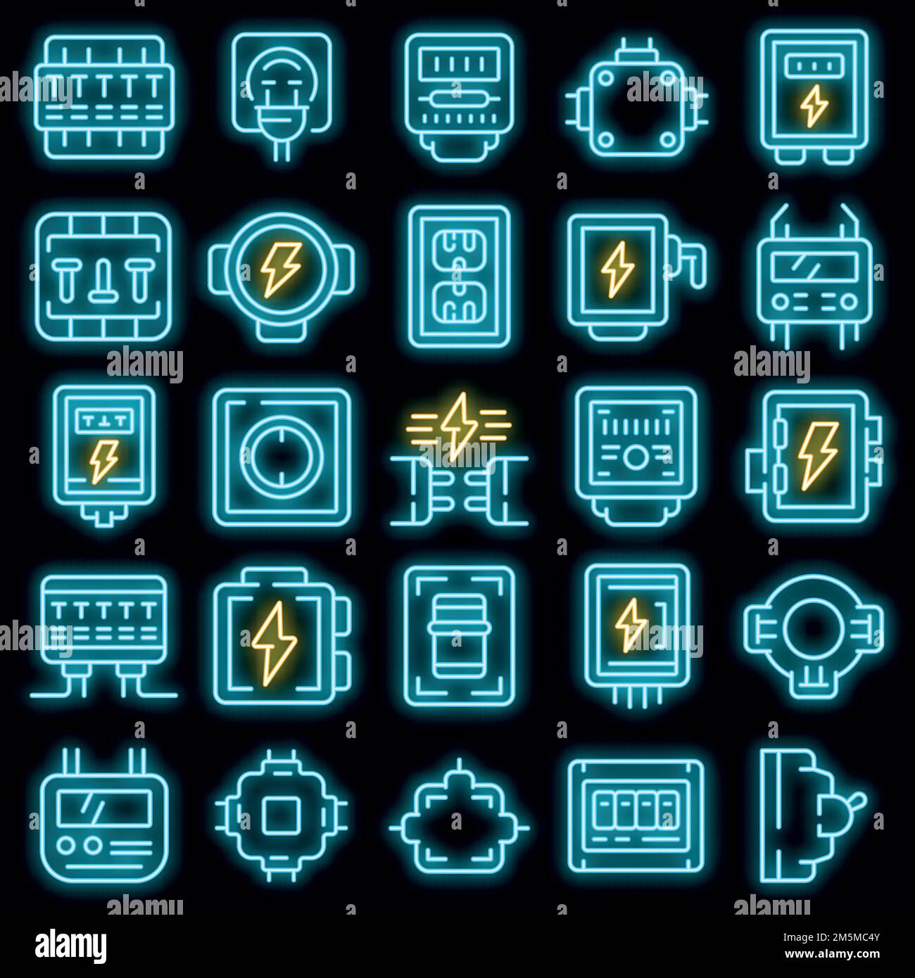Junction box icons set. Outline set of junction box vector icons neon ...