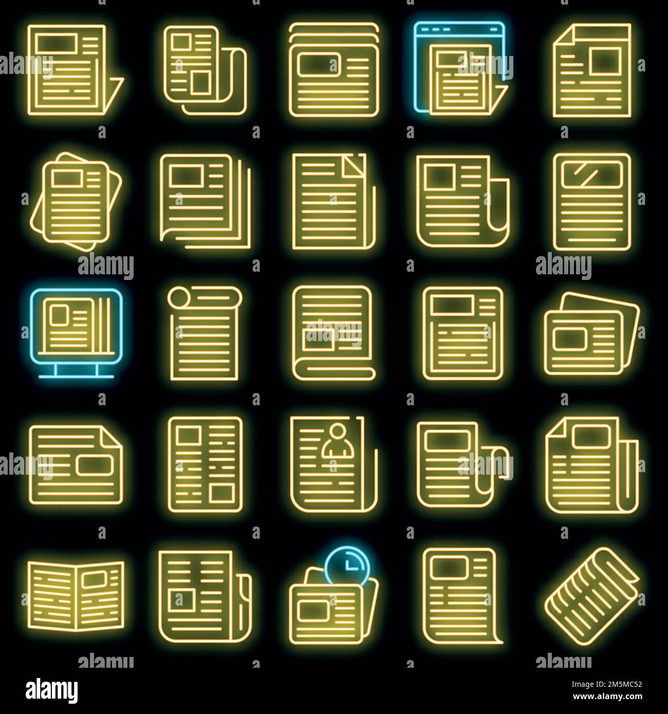 Newspaper icons set. Outline set of newspaper vector icons neon color ...