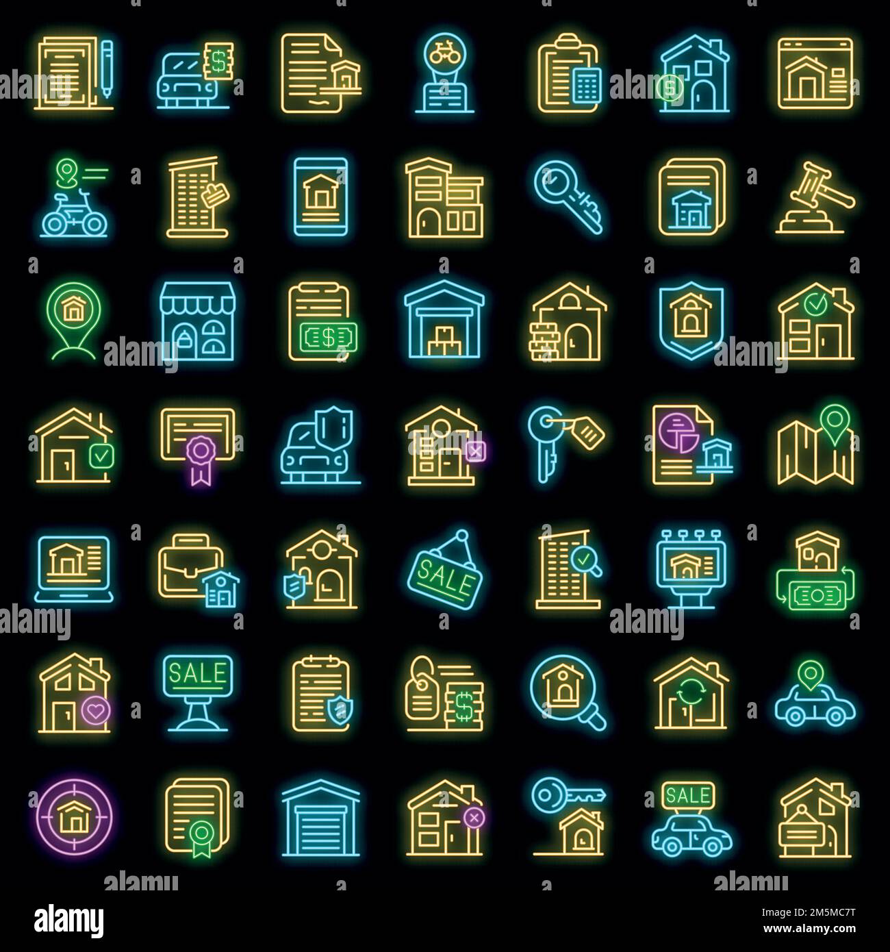 Rent icons set. Outline set of rent vector icons neon color on black ...