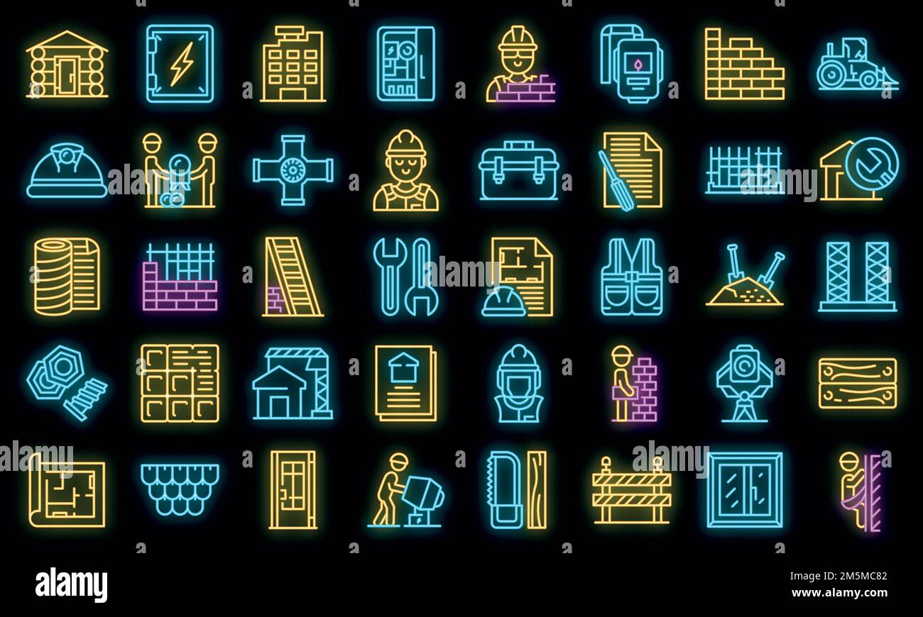Builder icons set. Outline set of builder vector icons neon color on ... Builder icons set. Outline set of builder vector icons neon color on ...