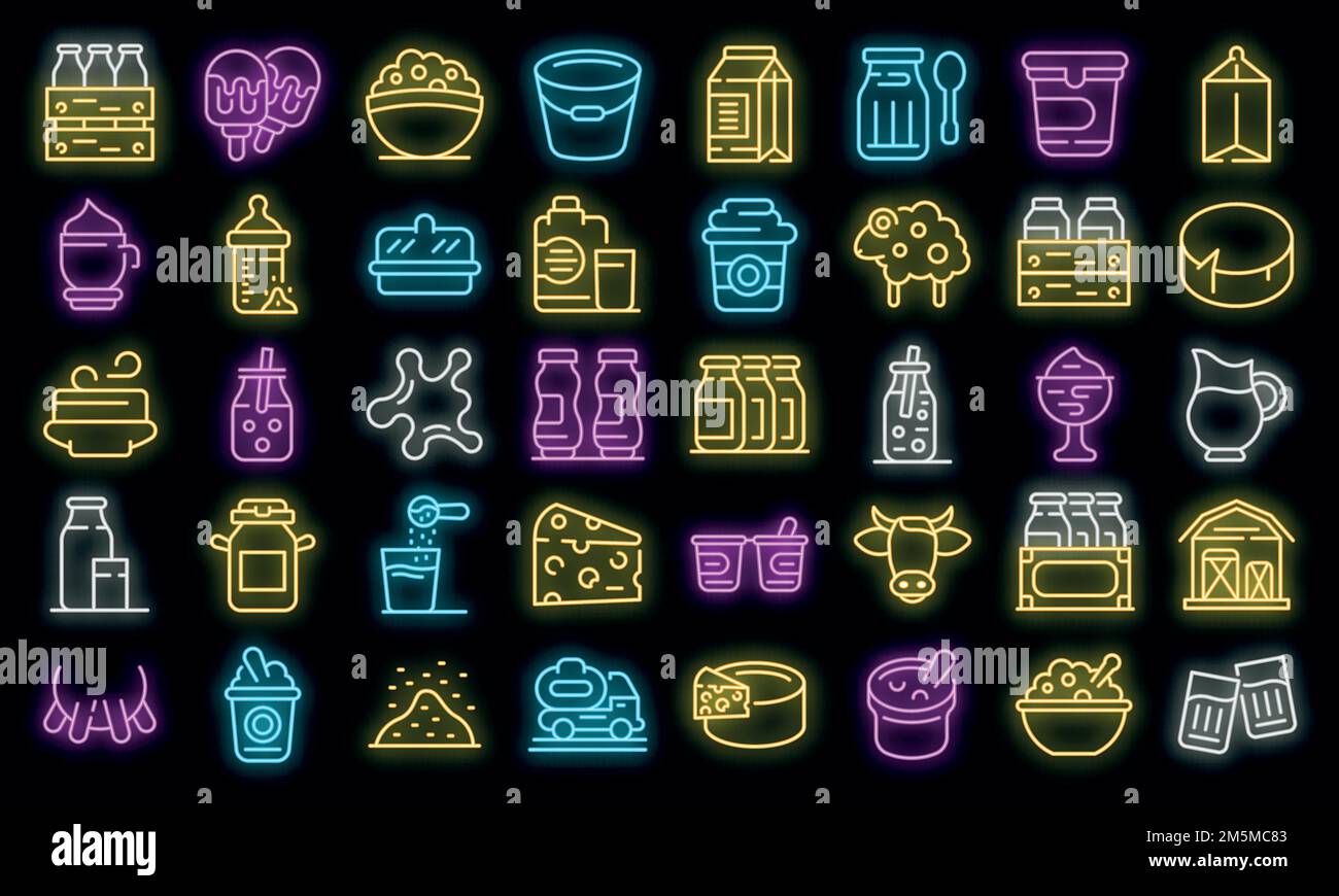 Dairy icons set. Outline set of dairy vector icons neon color on black ...