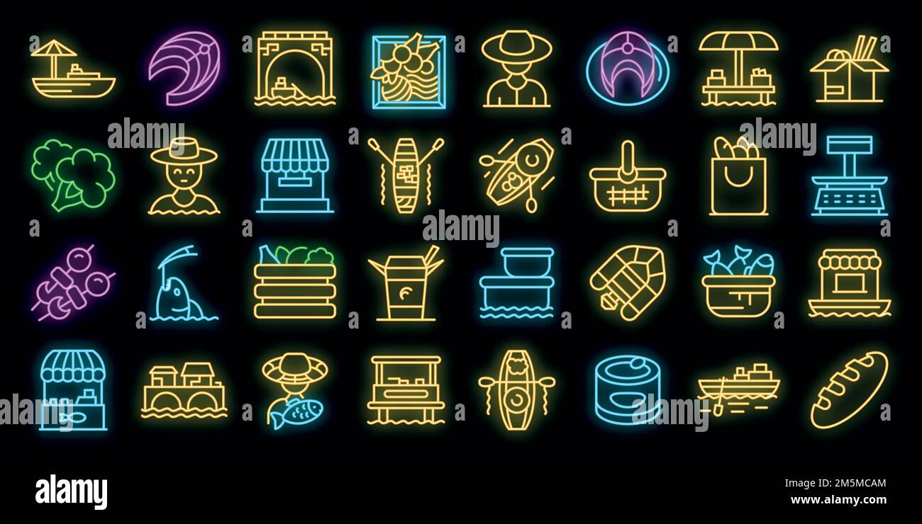 Floating market icons set. Outline set of floating market vector icons ...