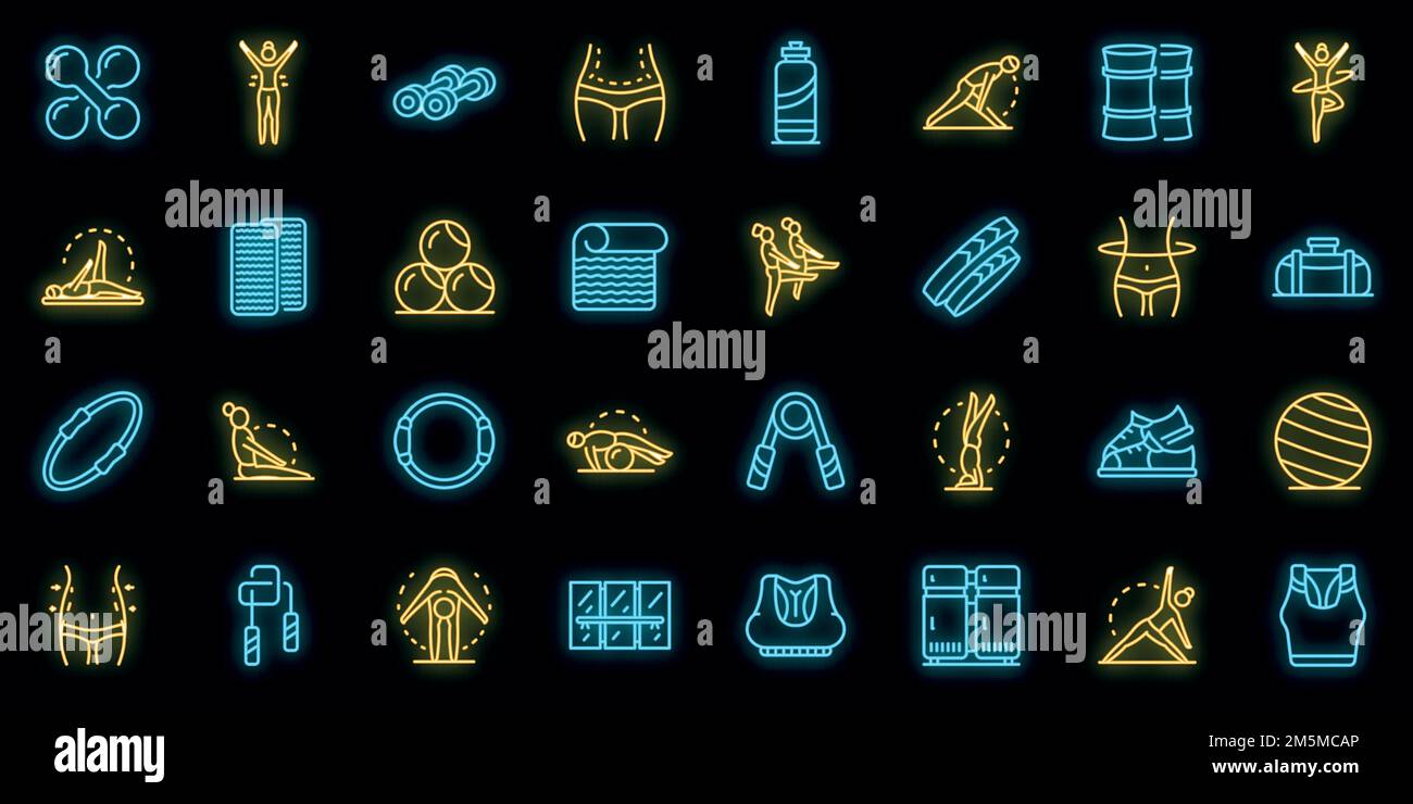 Pilates icons set. Outline set of pilates vector icons neon color on ...