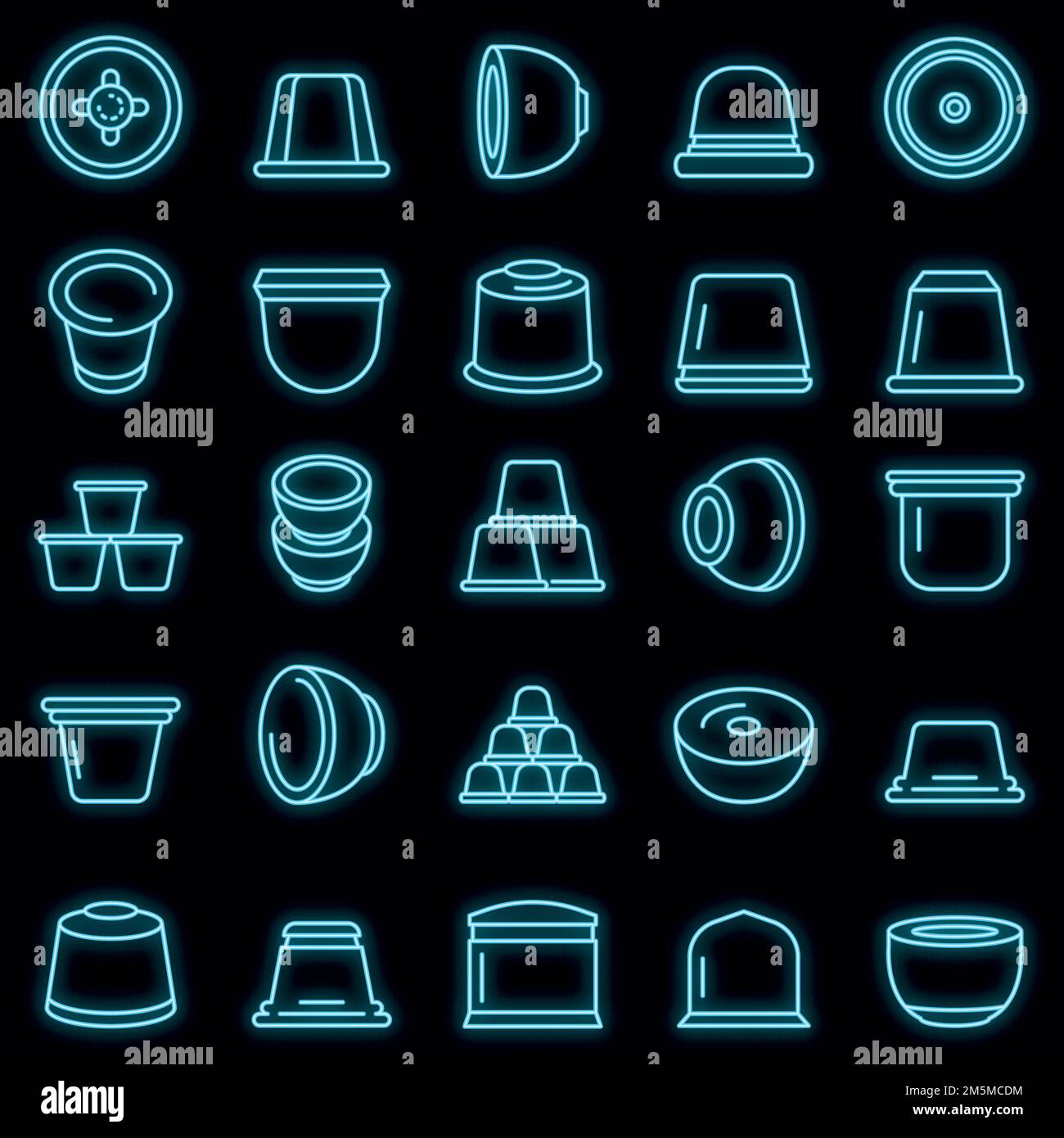 Capsule coffee icons set. Outline set of capsule coffee vector icons neon color on black Stock ...