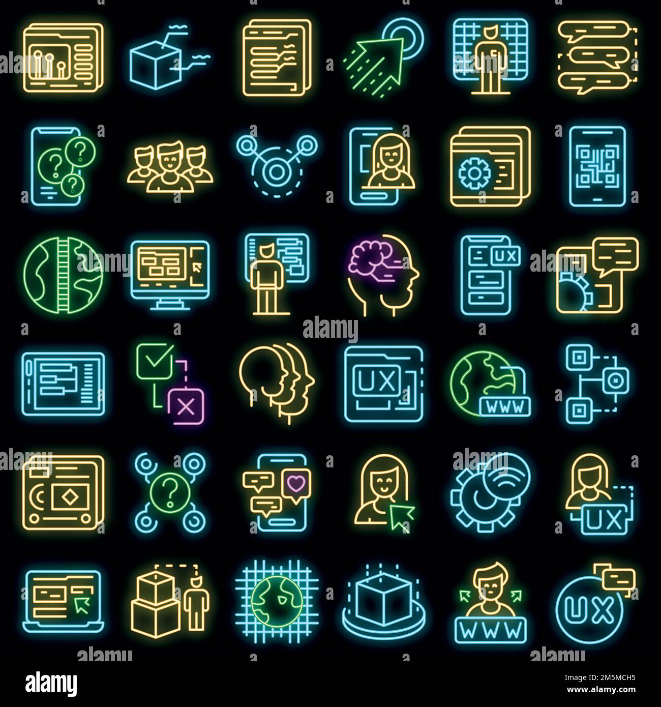 Interaction icons set. Outline set of interaction vector icons neon color on black Stock Vector ...