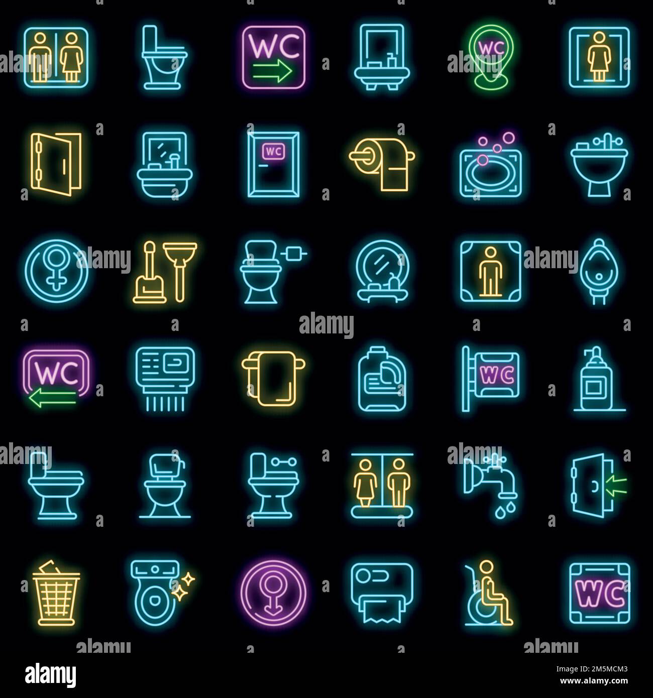 Wc icons set. Outline set of wc vector icons neon color on black Stock ...
