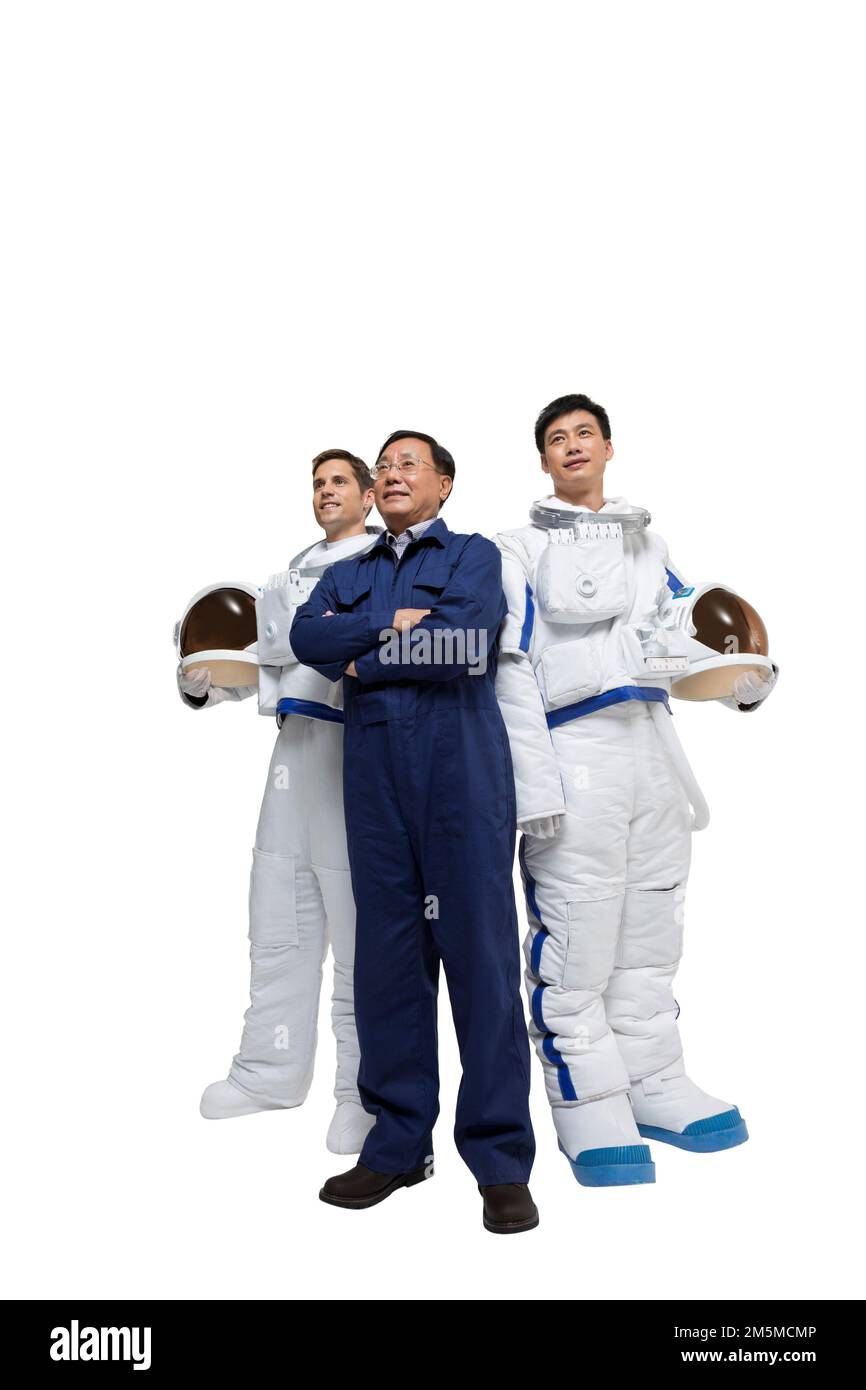 Photo shoot male astronauts and engineer team Stock Photo - Alamy