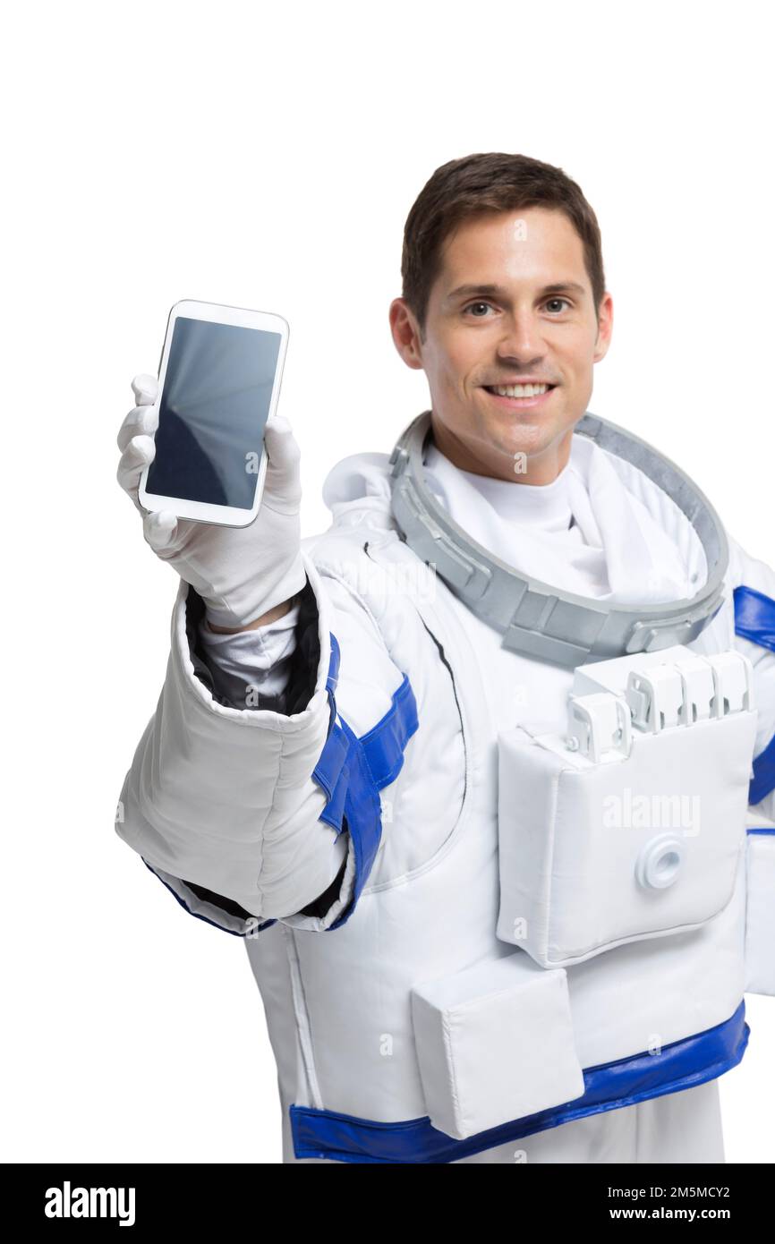 Shed male astronauts take mobile phones Stock Photo - Alamy
