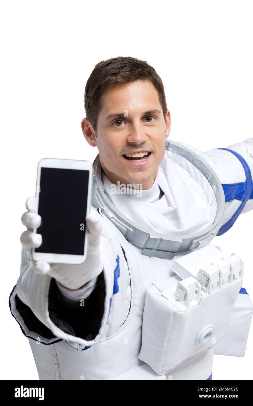 Shed male astronauts take mobile phones Stock Photo - Alamy