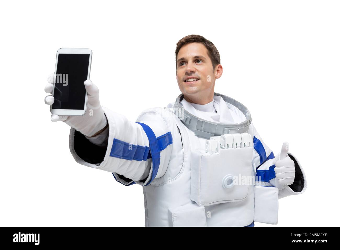 Shed male astronauts take mobile phones Stock Photo - Alamy