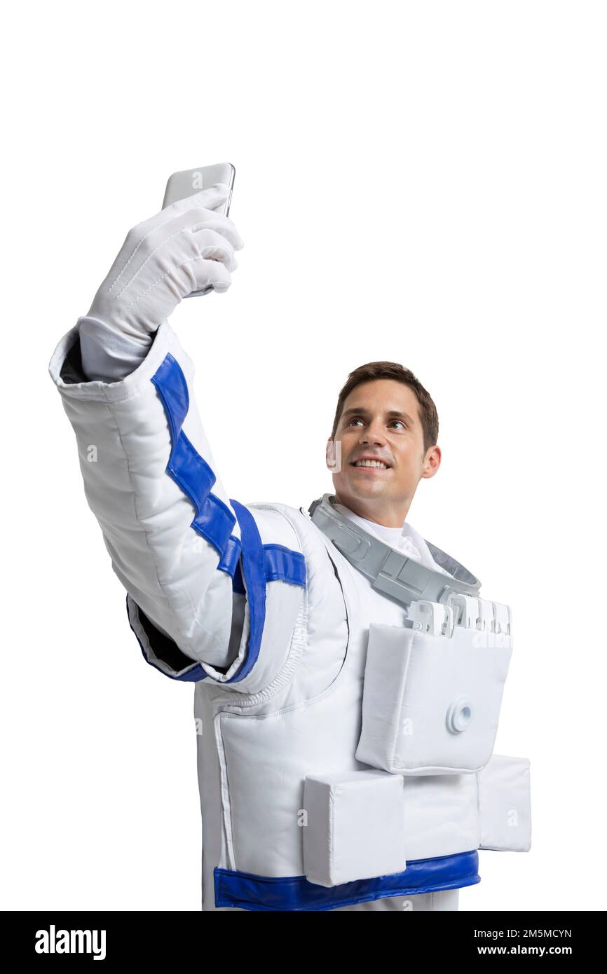 Shed male astronauts take mobile phones Stock Photo - Alamy