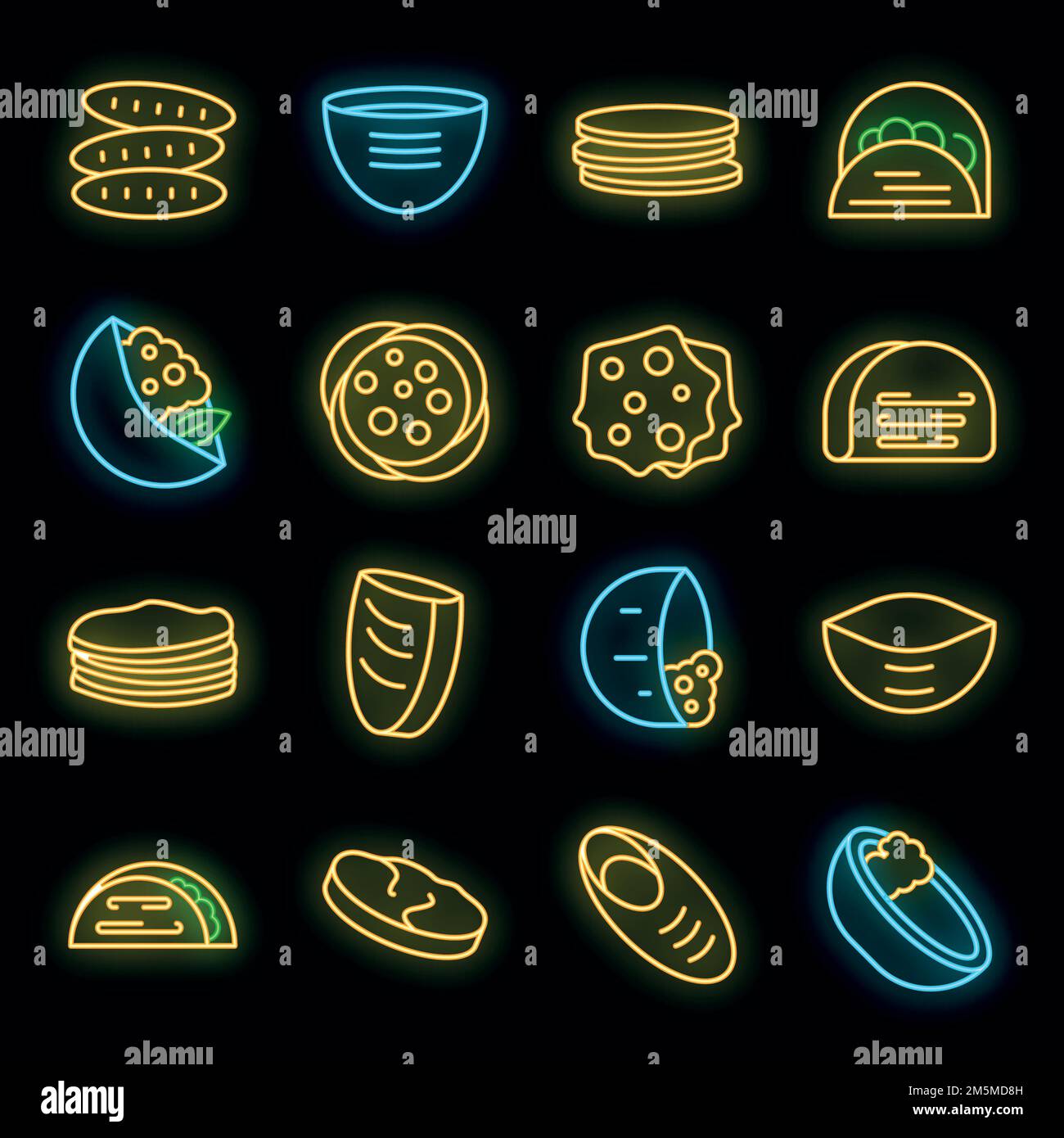 Pita Bread Icons Set Outline Set Of Pita Bread Vector Icons Neon Color On Black Stock Vector