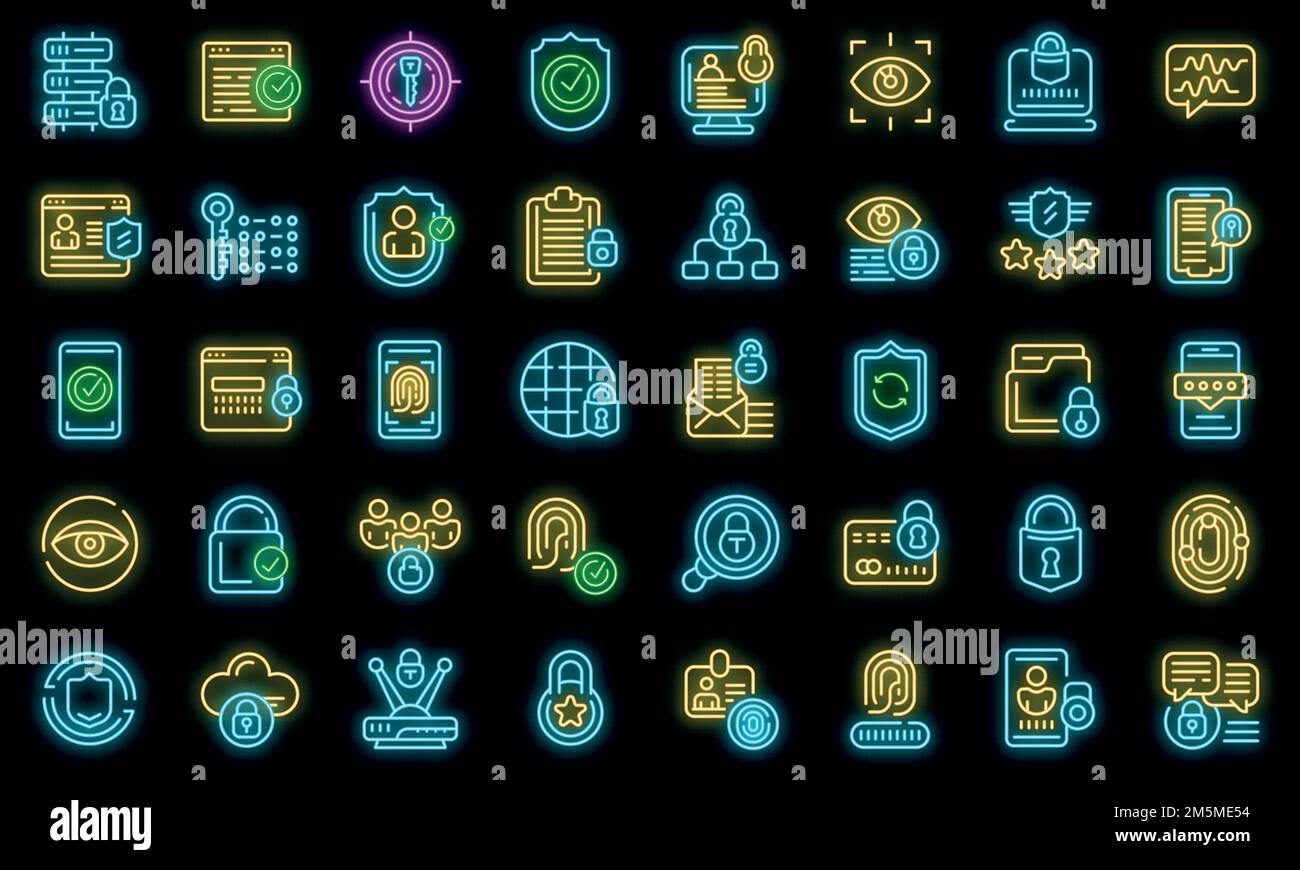 Privacy icons set. Outline set of privacy vector icons neon color on ...