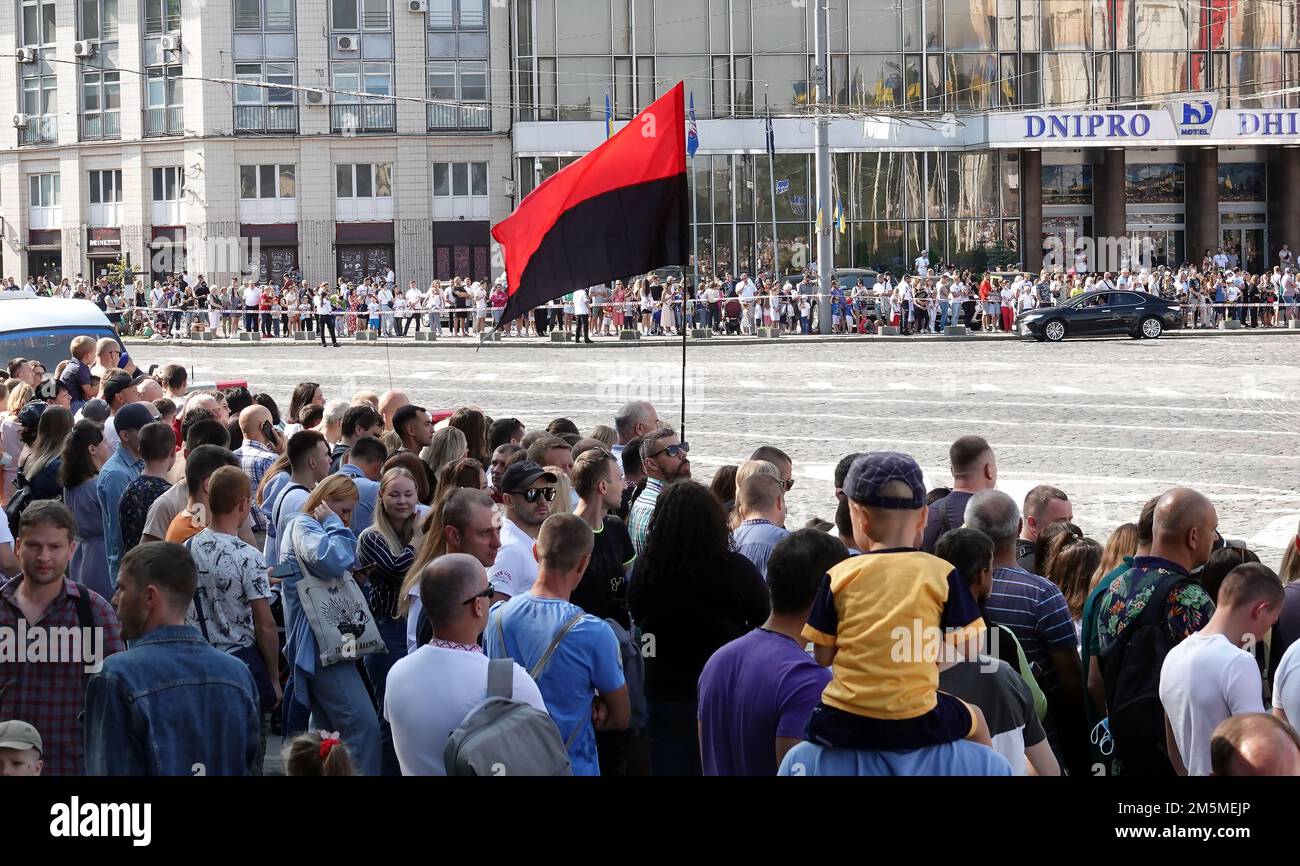 Kyiv, Ukraine August 24, 2021: Black and red flag of the nationalists ...