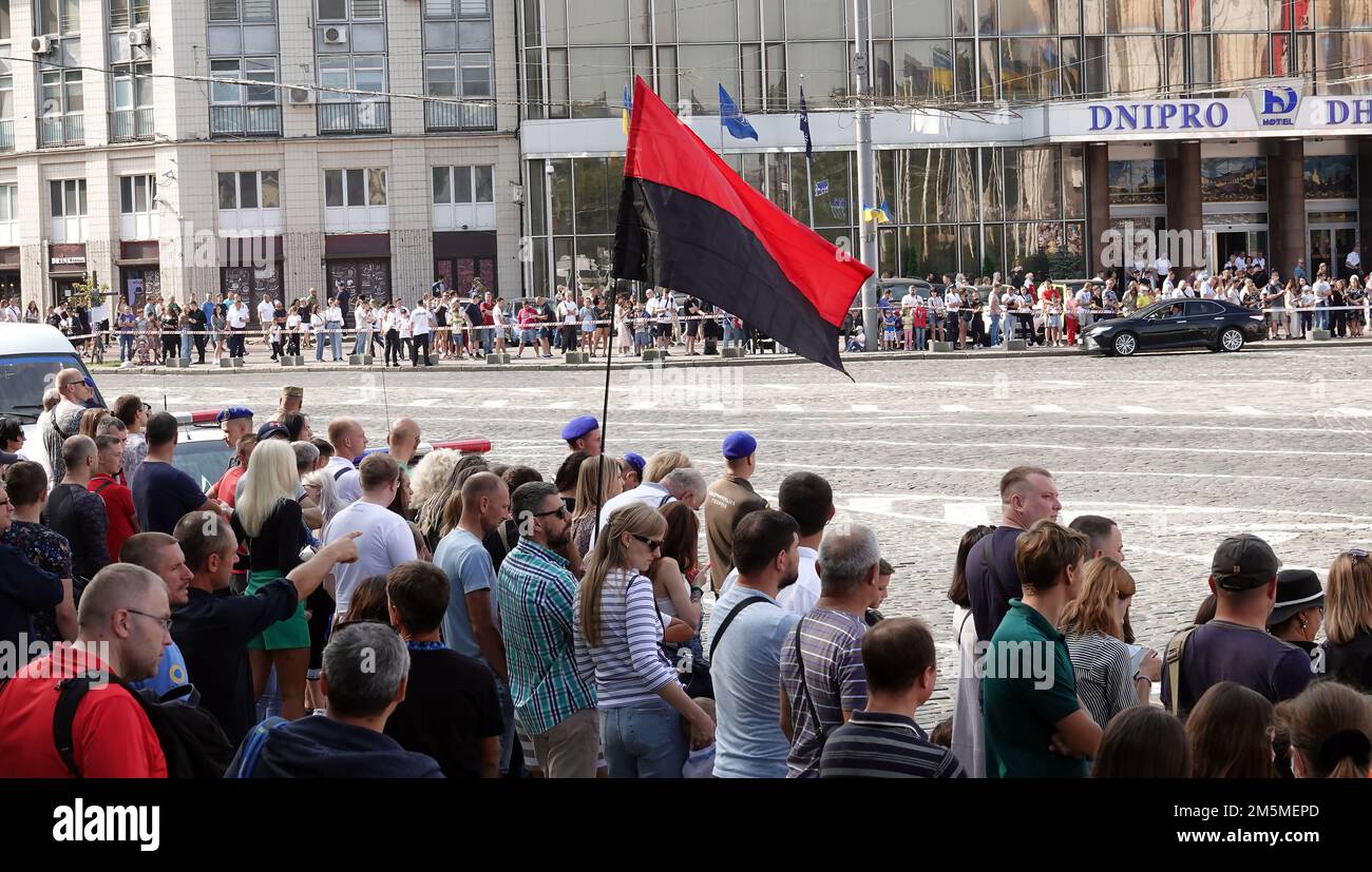Kyiv, Ukraine August 24, 2021: Black and red flag of the nationalists ...