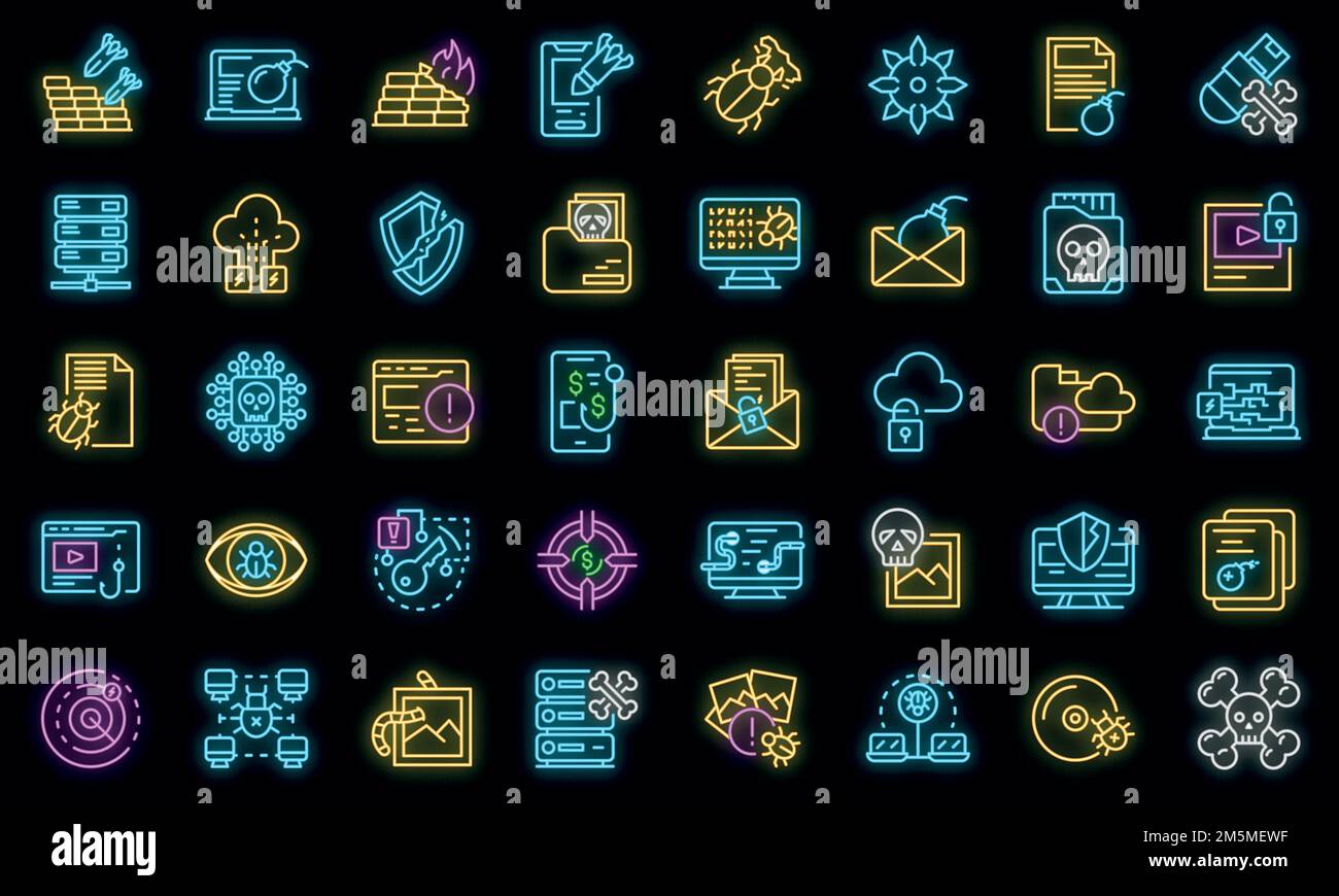 Malware icons set. Outline set of malware vector icons neon color on ...