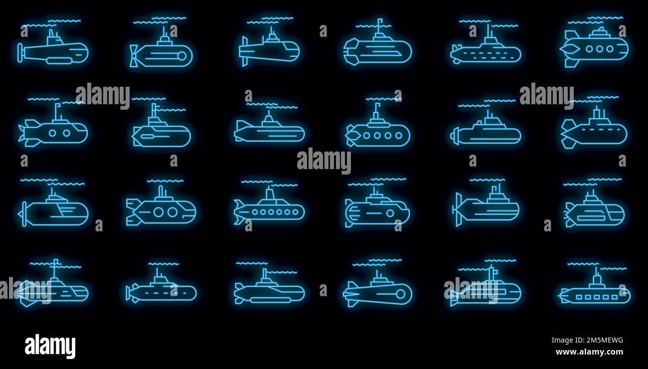 Submarine icons set. Outline set of submarine vector icons neon color ...