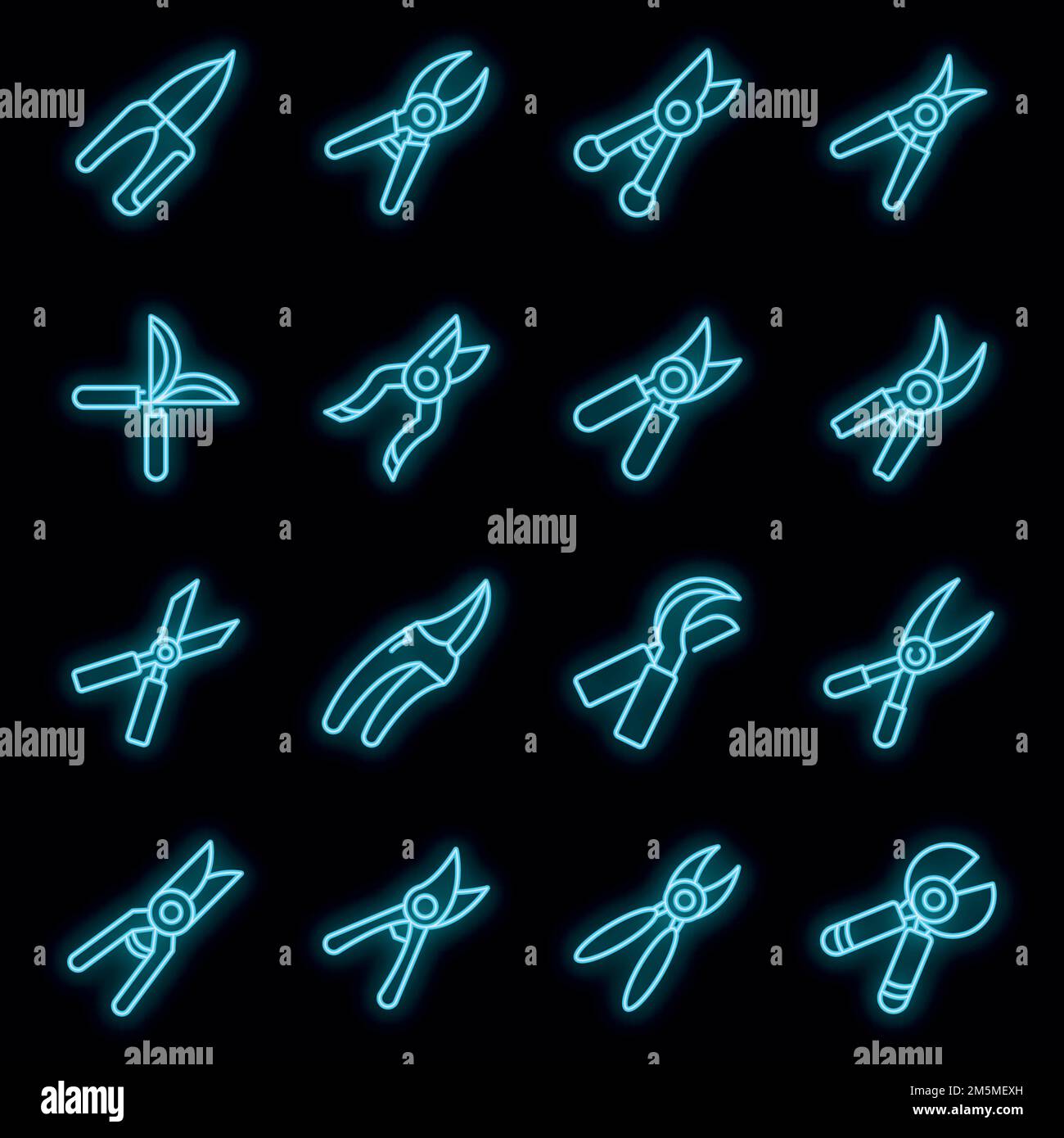 Secateurs icons set. Outline set of secateurs vector icons neon color ...